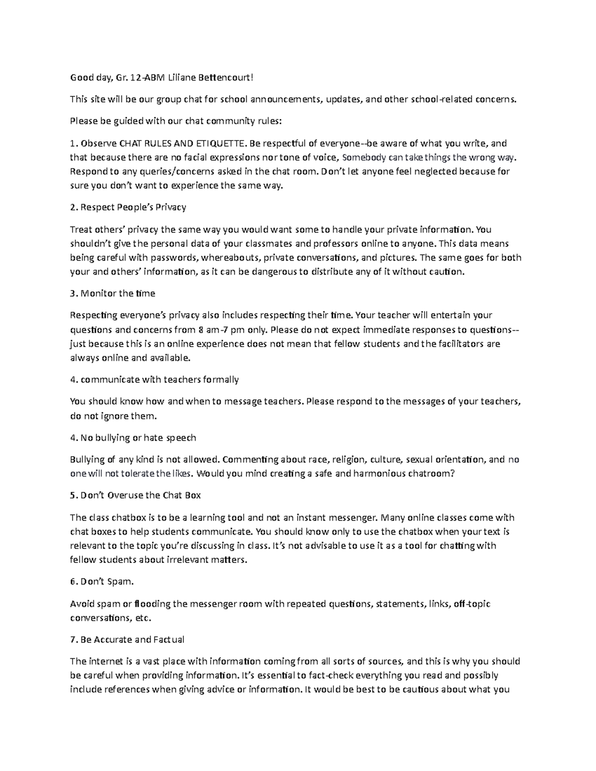 CHAT Community Rules & Etiquette for Gr. 12-ABM Students - Studocu