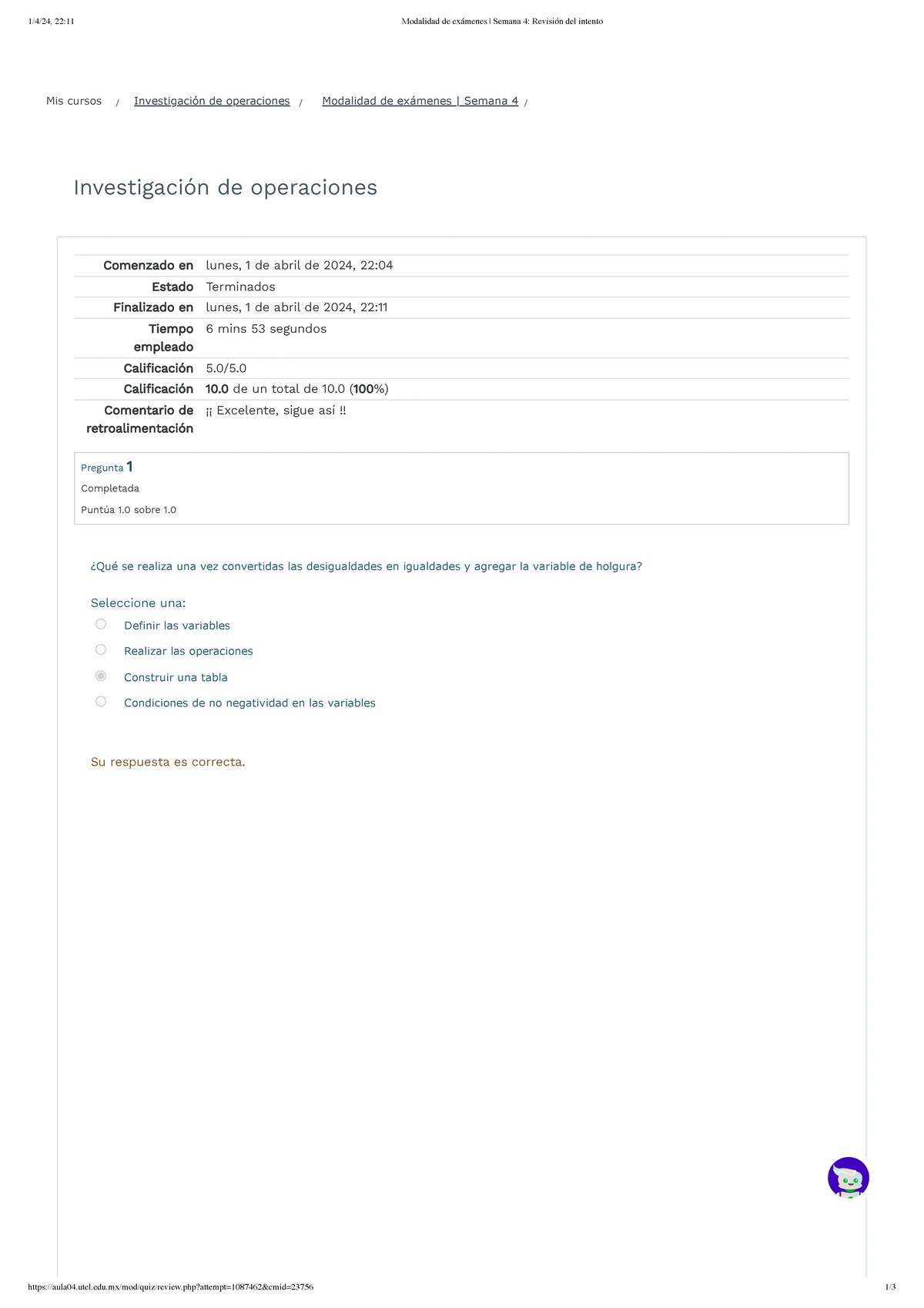Investigación de Operaciones (Semana 3): Revisión del Intento - Studocu