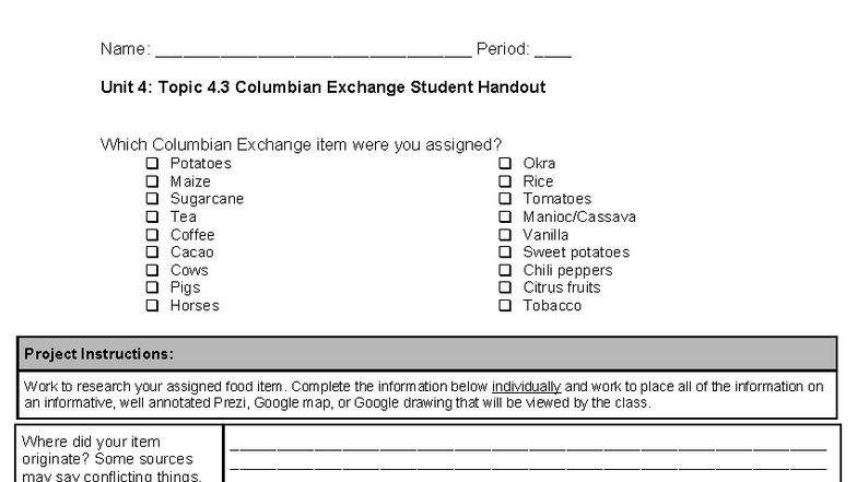 Unit 4: Columbian Exchange Project Handout and Instructions - Studocu