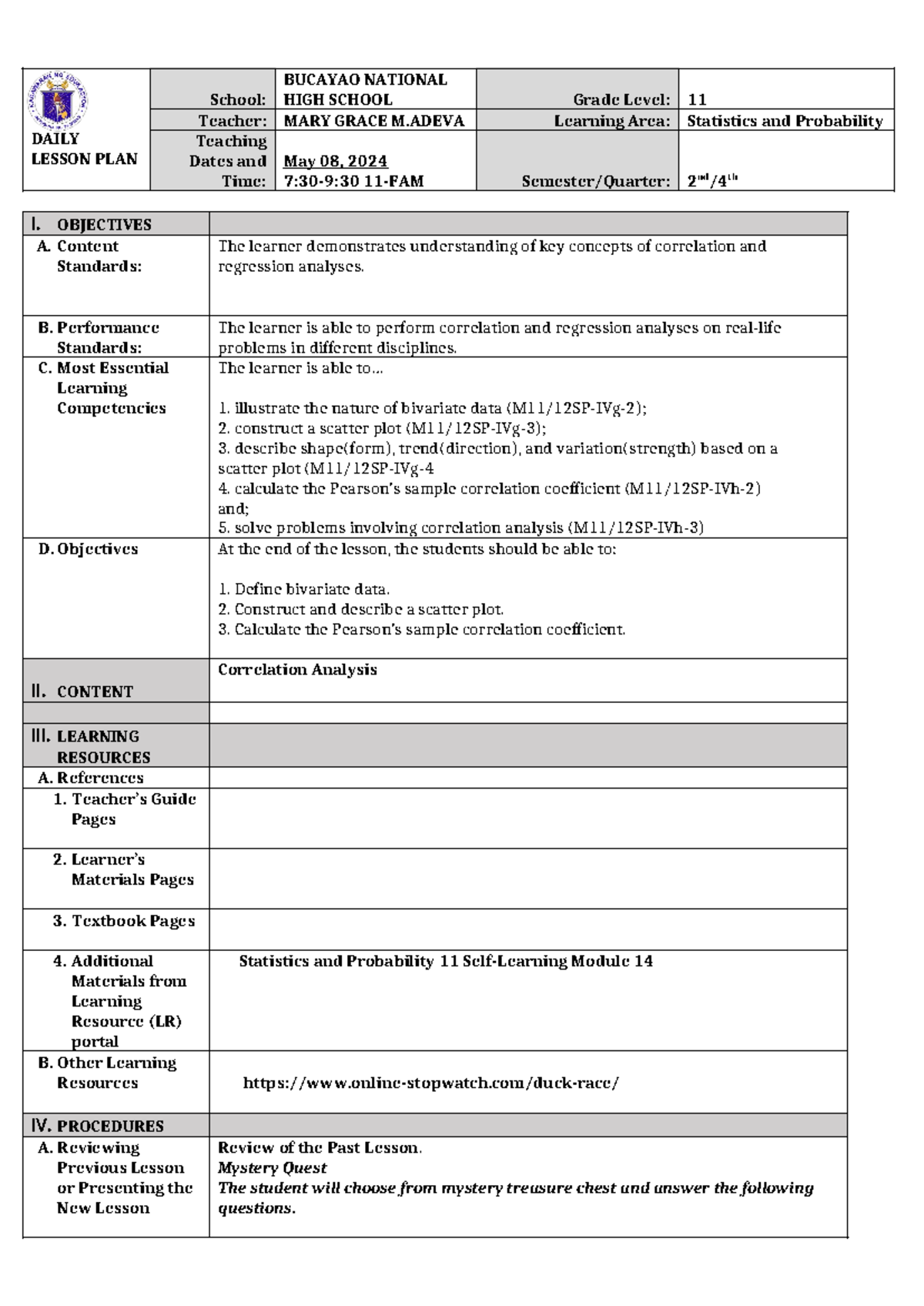 M11/12SP Final Exam Lesson Plan: Correlation Analysis Overview - Studocu