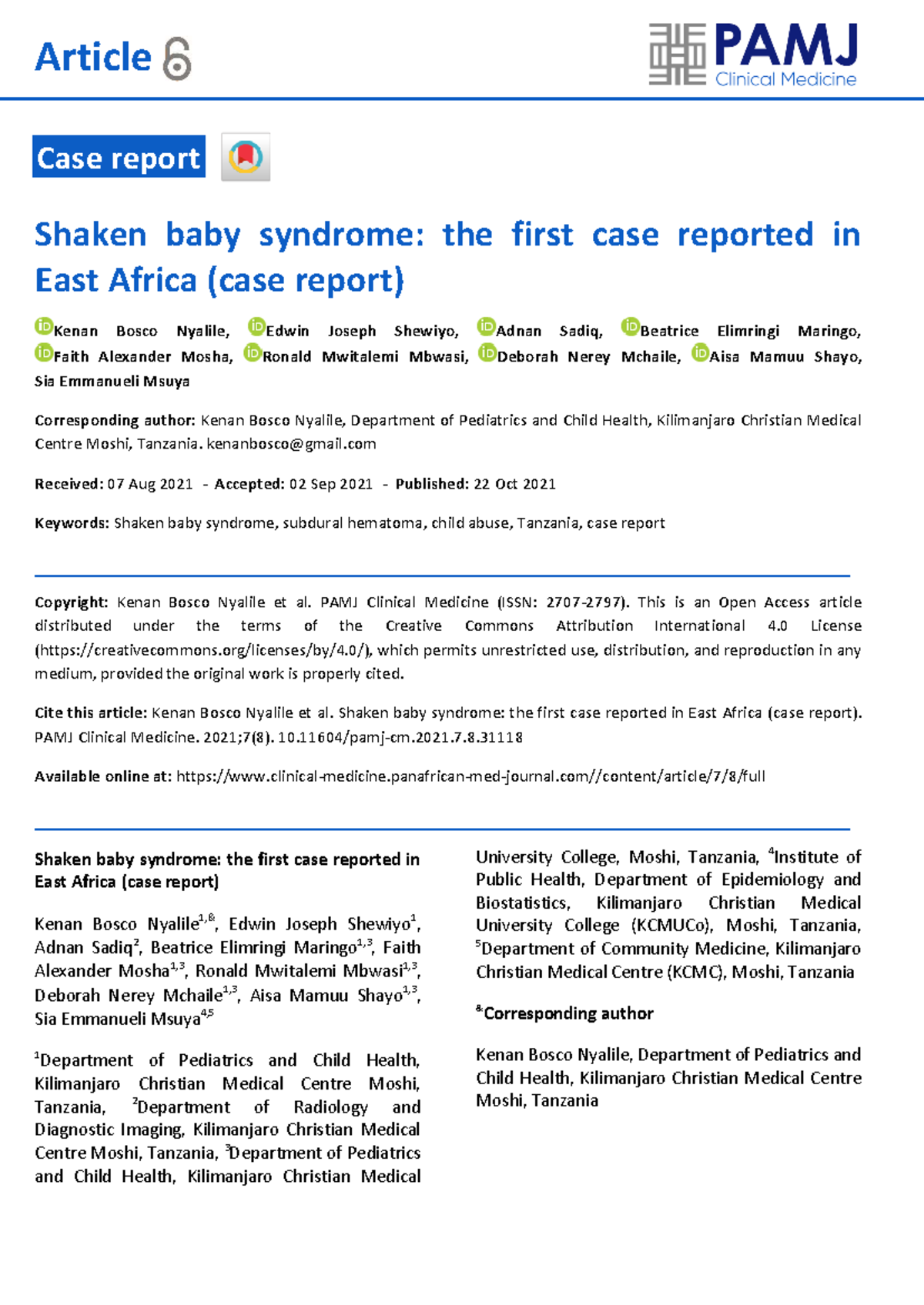Shaken Ba Syndrome: First Case Report in East Africa (Case Study) - Studocu