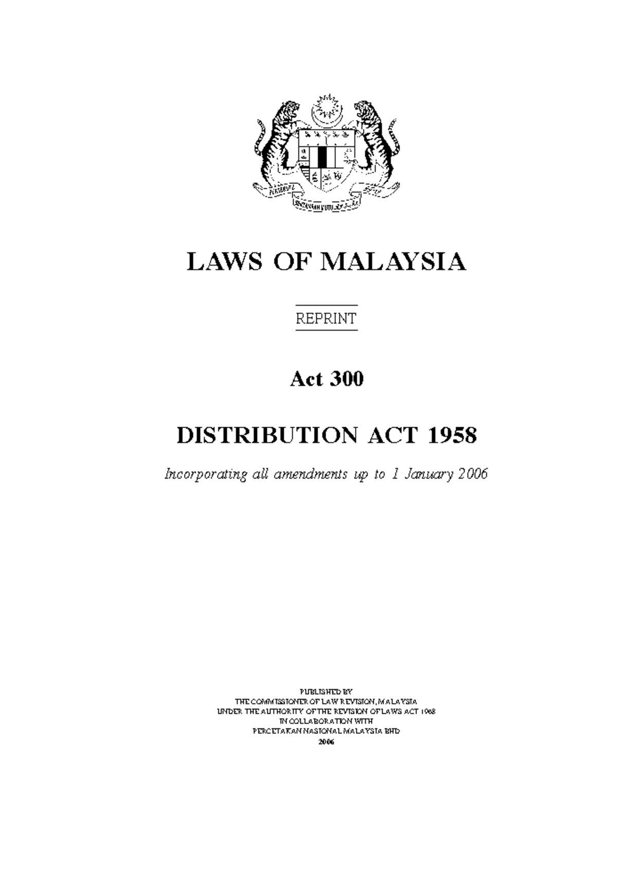 Distribution Act 1958 (Act 300) - Complete Text & Amendments - Studocu