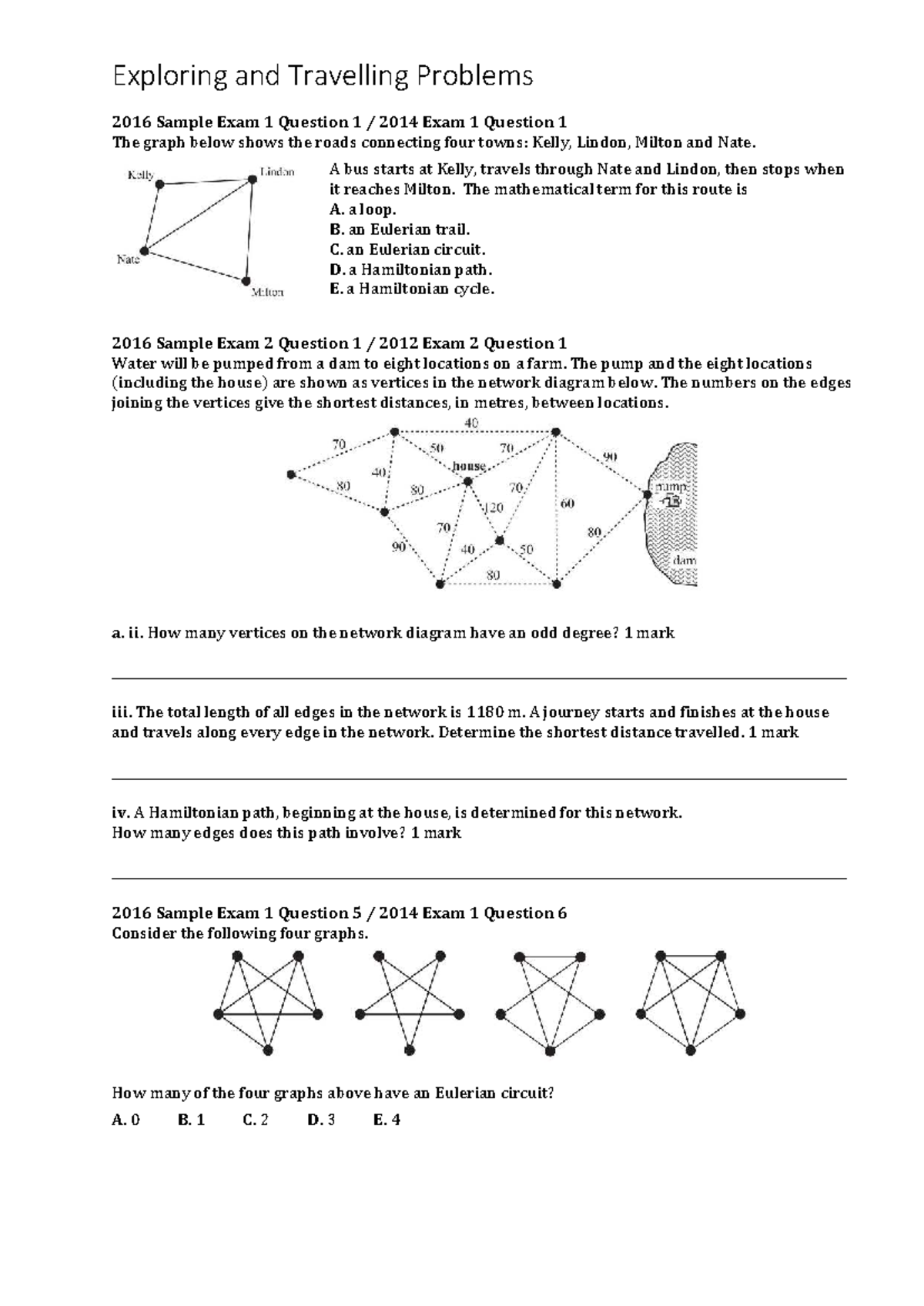 2016 Sample Exam: Exploring Graphs & Travelling Problems (Q1-Q5) - Studocu