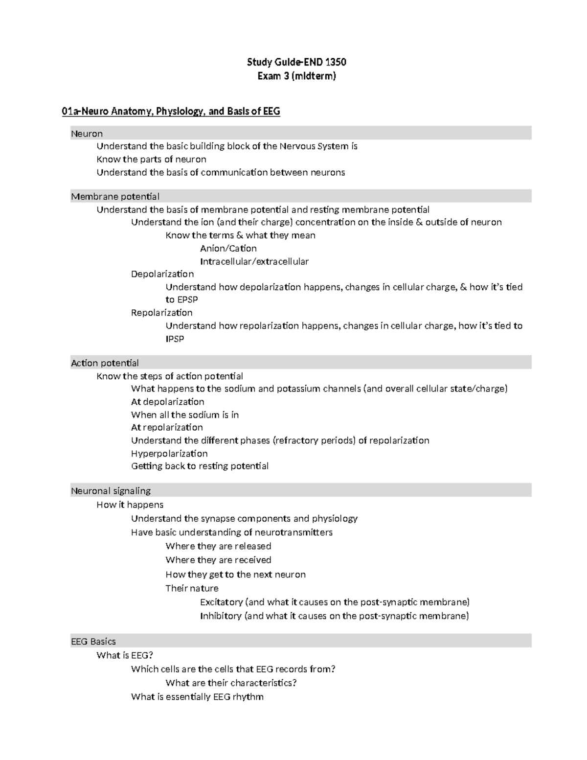 EEG Study Guide for Exam 3 in END 1350: Key Concepts & Procedures - Studocu