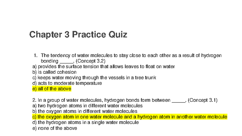 Chapter 3 Quiz 1: Water Properties and Hydrogen Bonding - Studocu