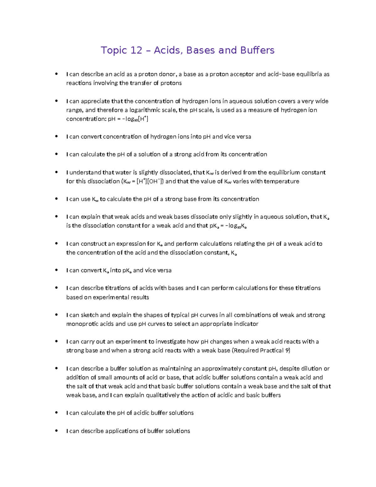 Topic 12: Acids, Bases, and Buffers - Key Concepts and Calculations ...