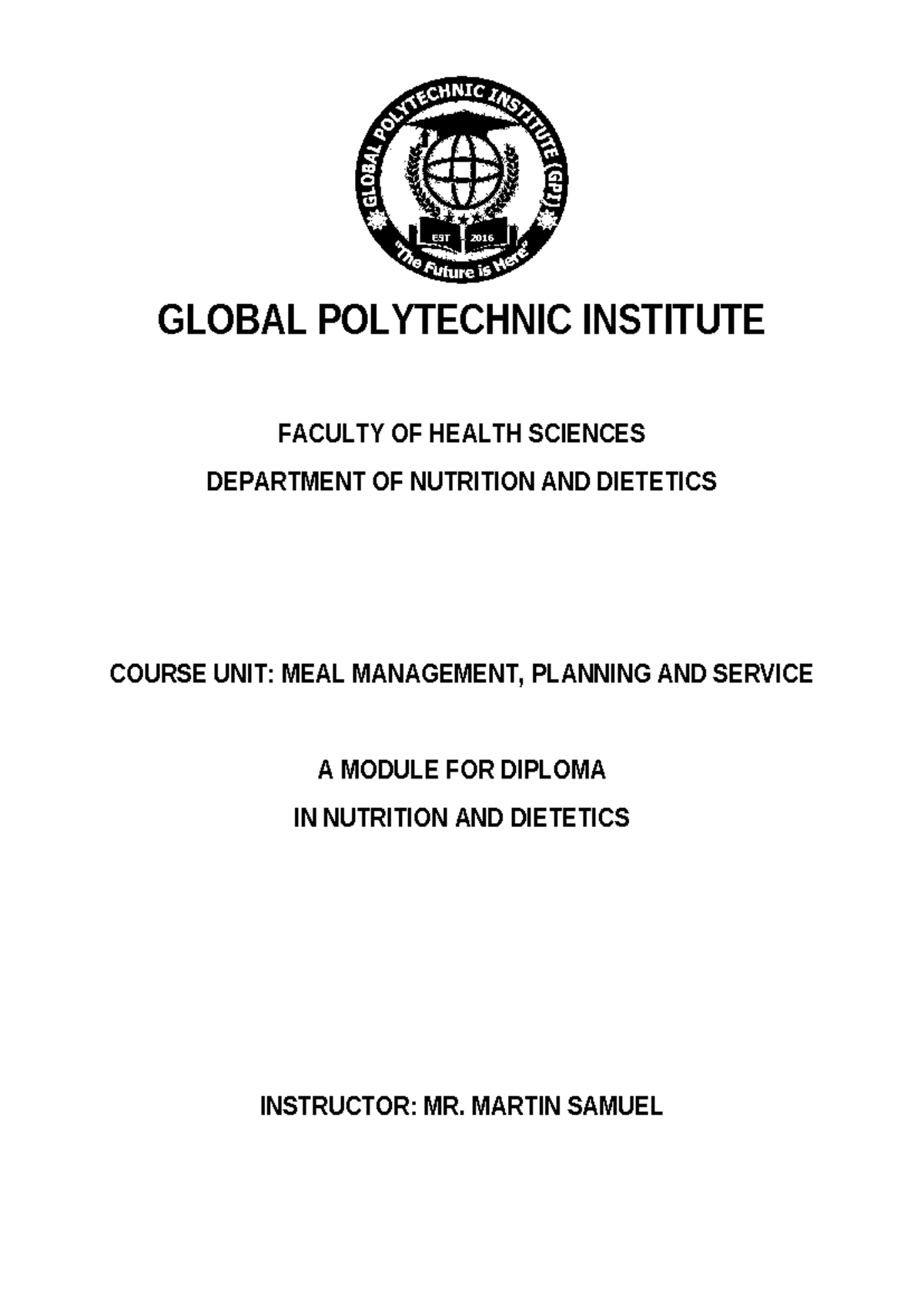 Meal Management - Lecture Module for Diploma in Nutrition & Dietetics ...