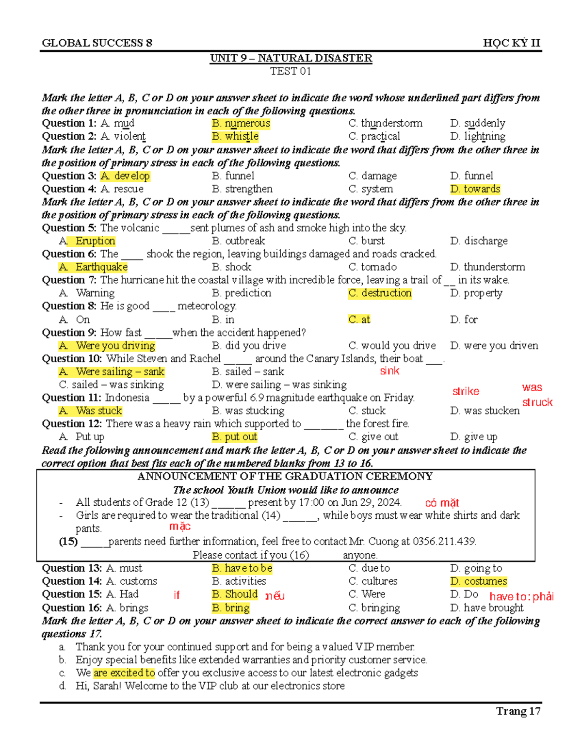 GLOBAL SUCCESS 8 UNIT 9 NATURAL DISASTER TEST 01 & 02 HỌC KỲ II - Studocu