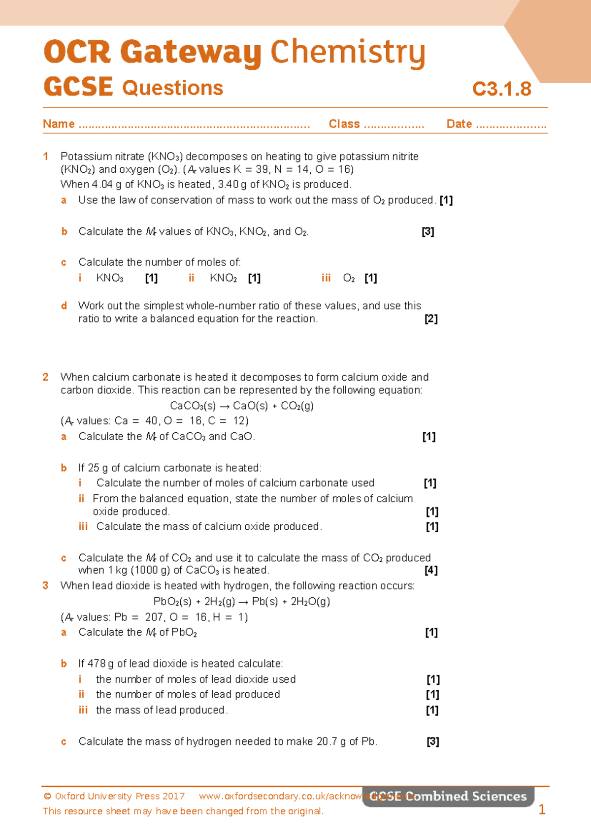 Chemistry C3.1: Mole Calculations and Decomposition Reactions Recap ...