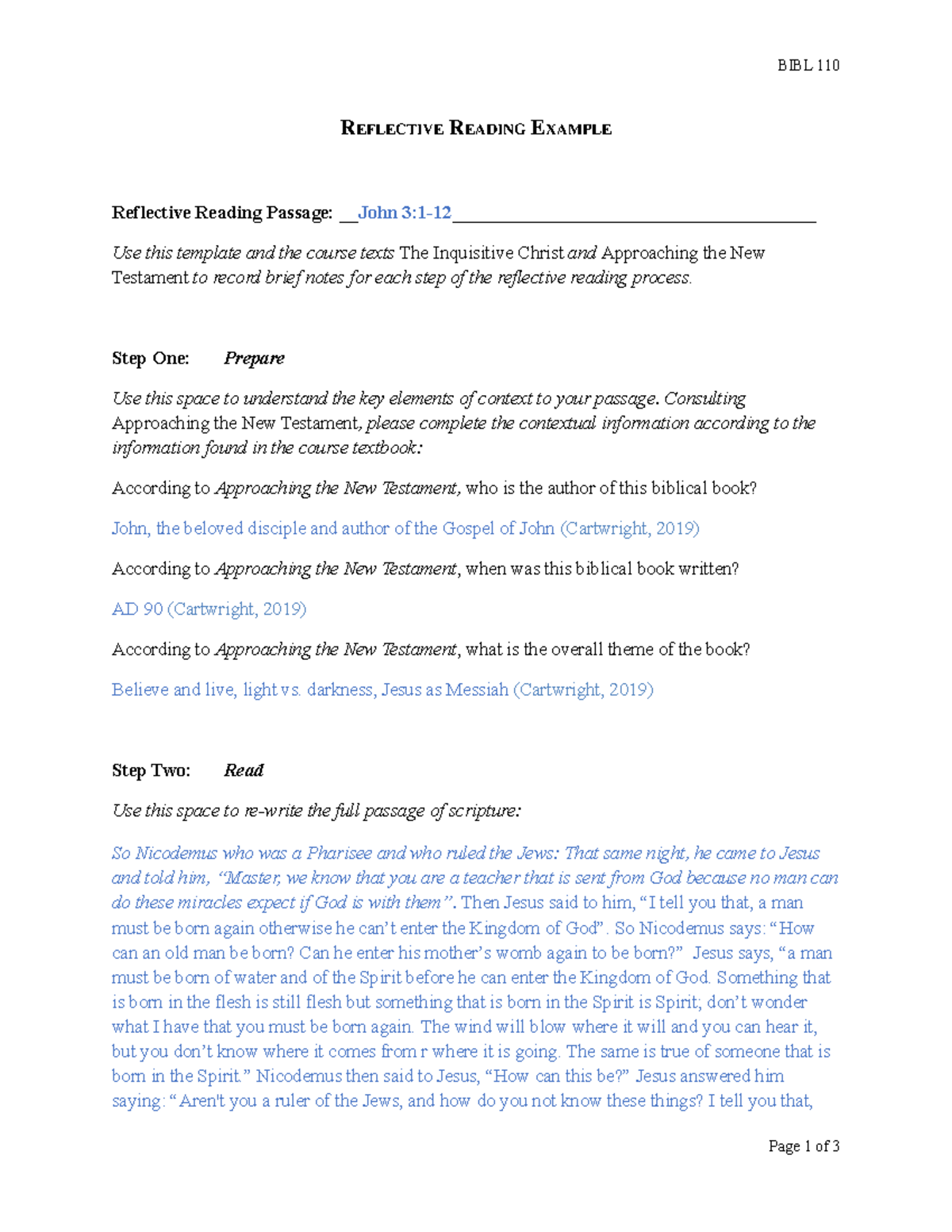 BIBL 110 Reflective Reading Template: John 3:1-12 Analysis - Studocu