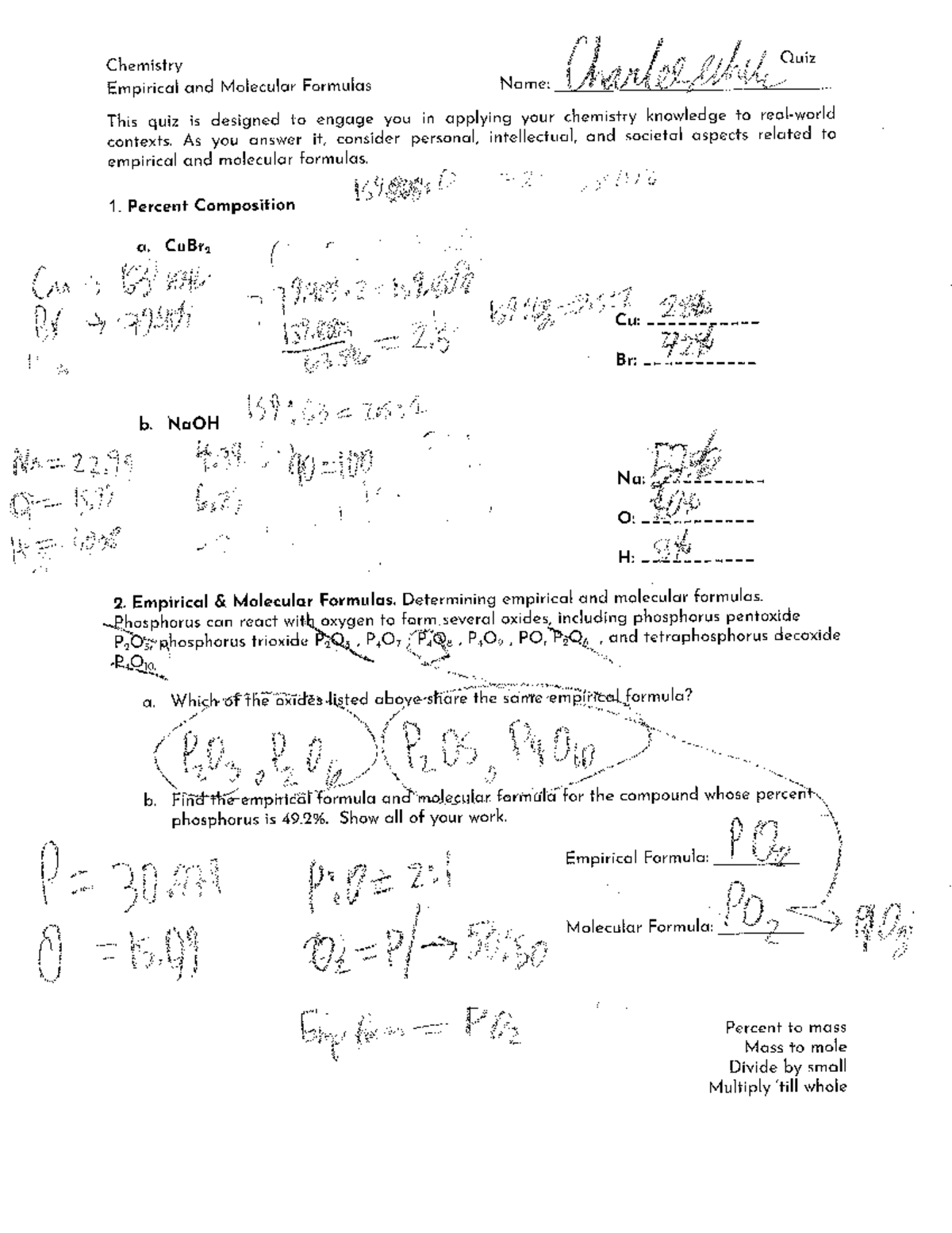 Chem - EF Quiz: Applying Empirical and Molecular Formulas in Chemistry ...