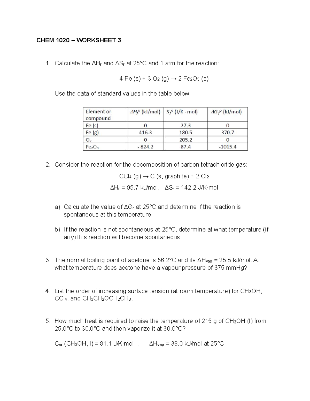 CHEM 1020 - Worksheet 3: Thermodynamics & Reactions Practice - Studocu