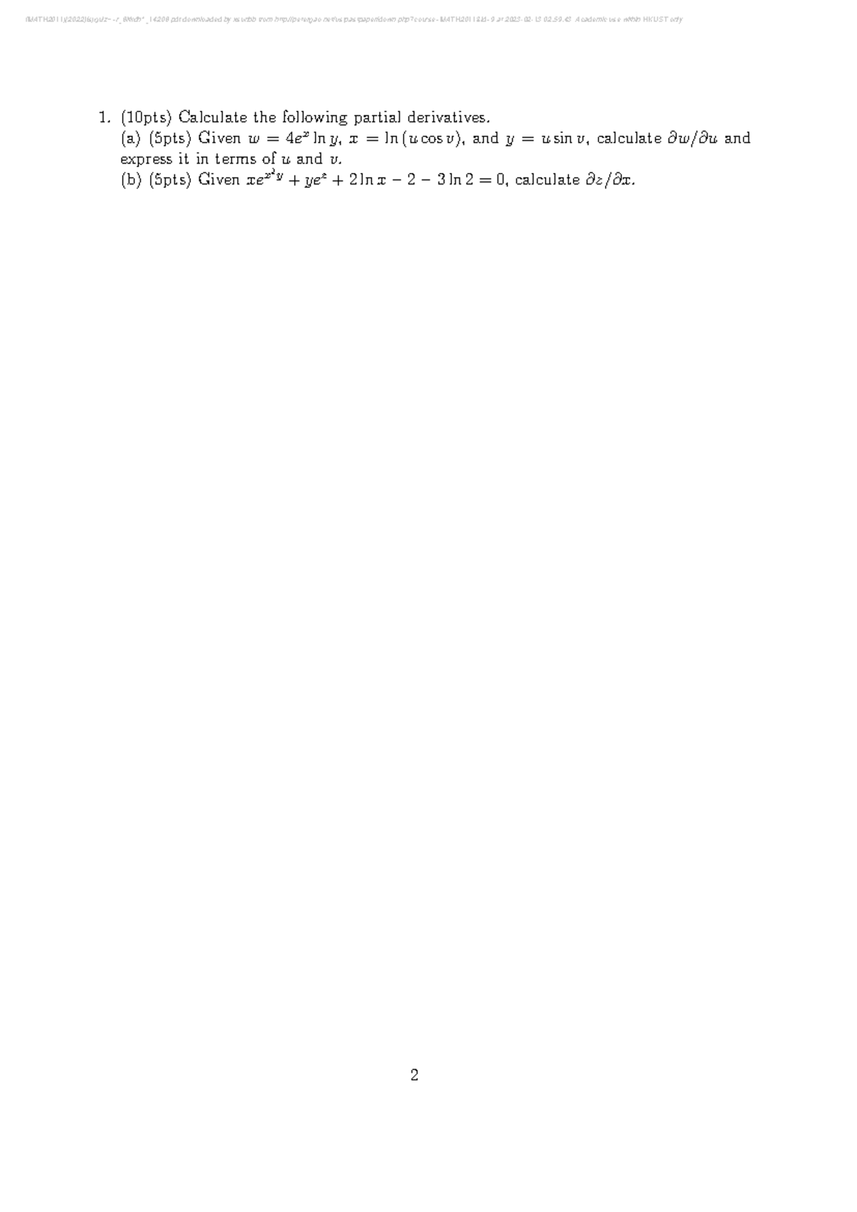 MATH2011 2022 Quiz: Partial Derivatives and Maximum/Minimum Problems ...