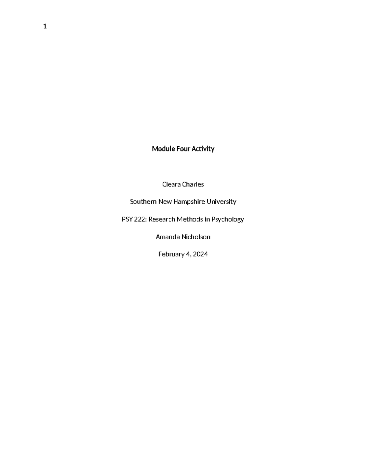PSY 222 - Module 4 Activity - Module Four Activity Cieara Charles Southern New Hampshire ...