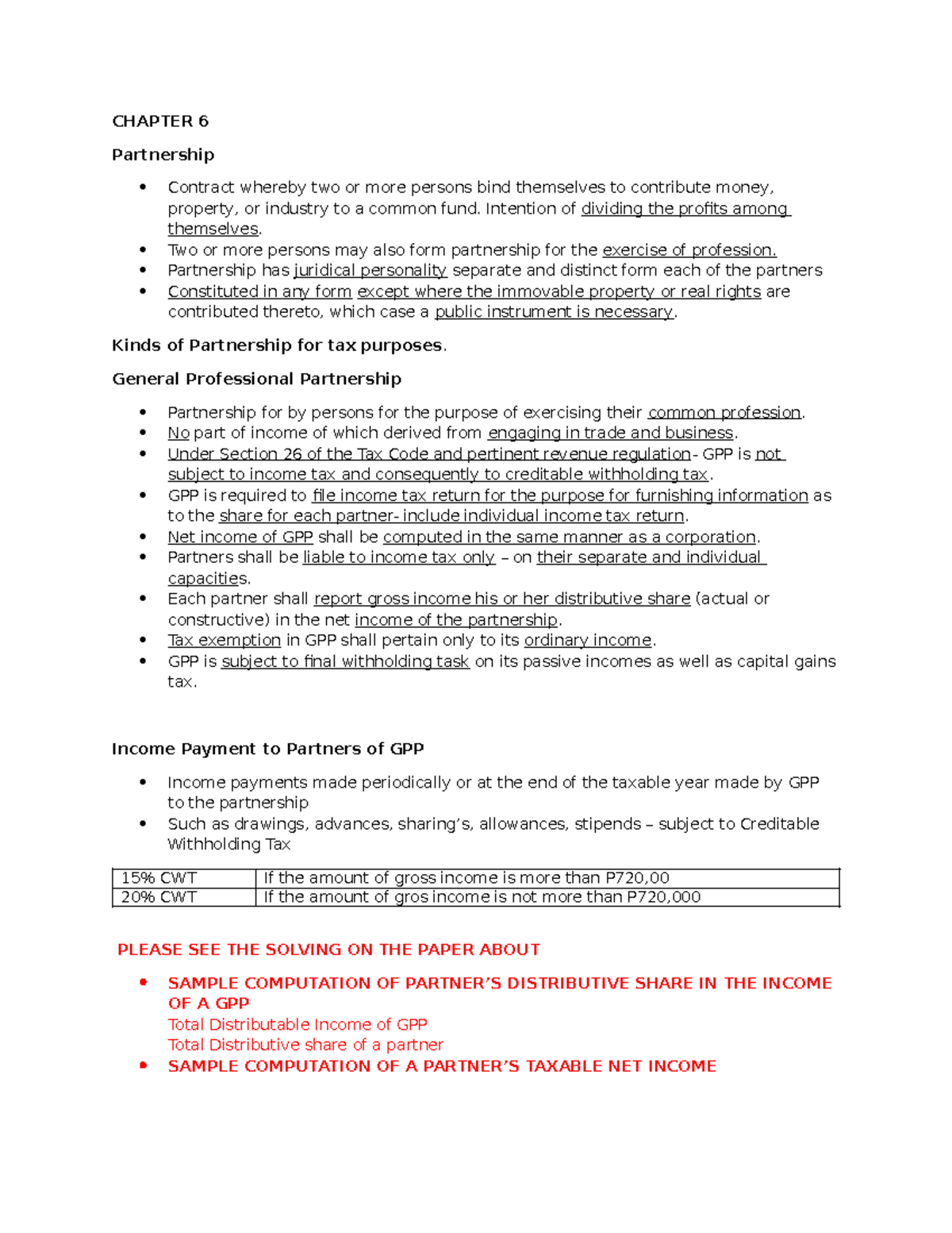 Income tax finals reviewer - CHAPTER 6 Partnership Contract whereby two ...