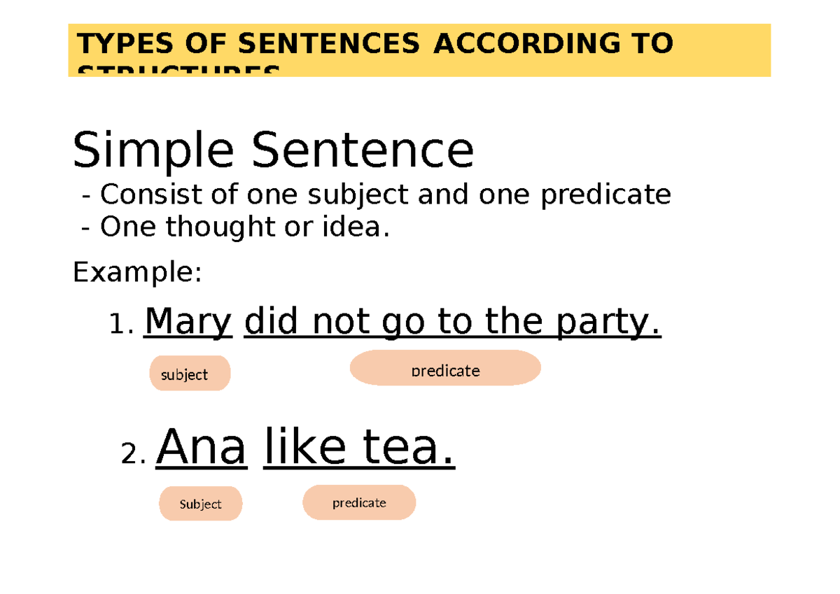 Types OF SEN Tence Structure - Simple Sentence - Consist of one subject and one predicate - One ...