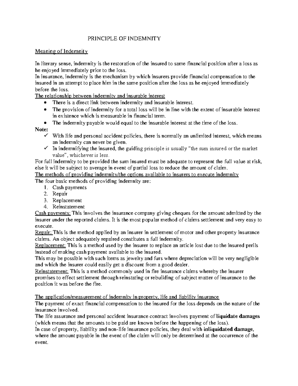 18113 Principle OF Indemnity - PRINCIPLE OF INDEMNITY Meaning of ...