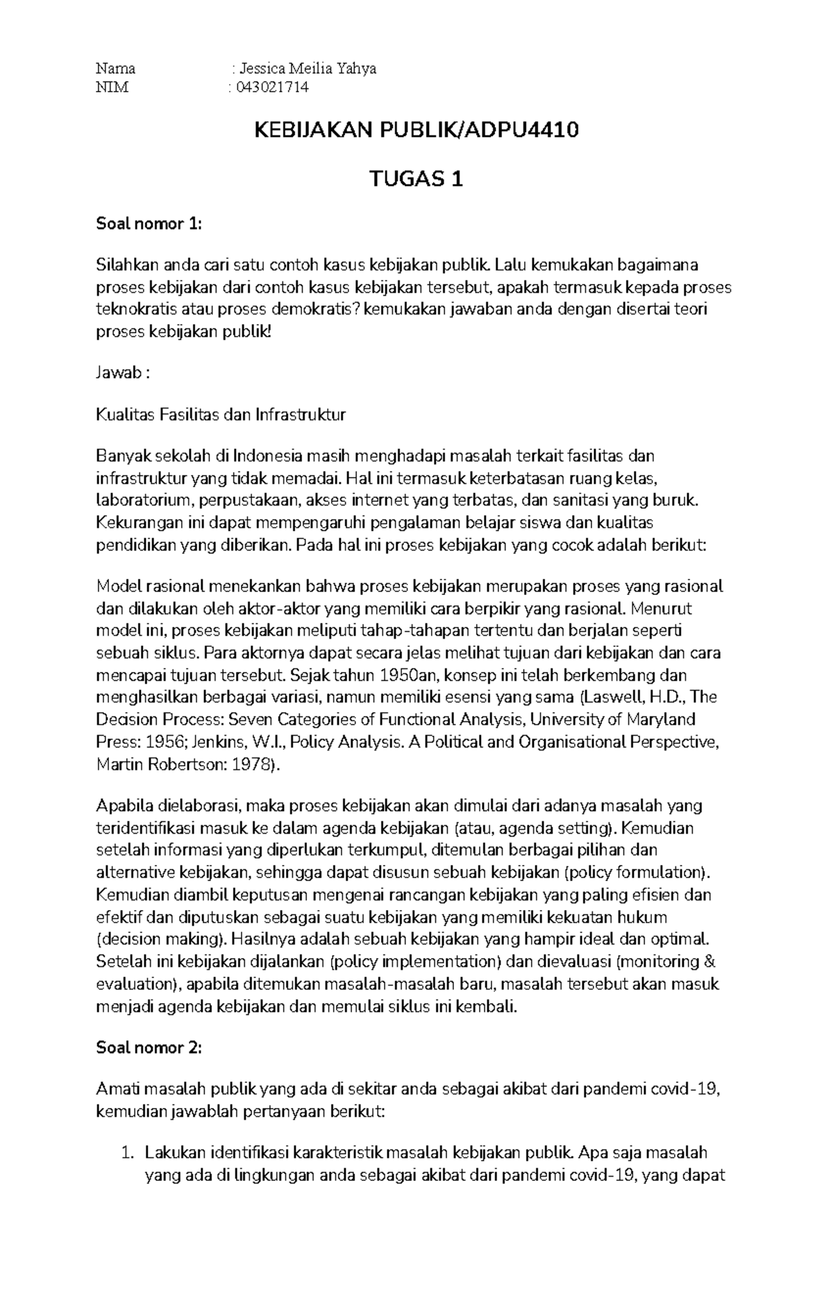 Tugas 1 Kebijakan Publik ADPU4410: Analisis Proses dan Masalah Kebijakan - Studocu