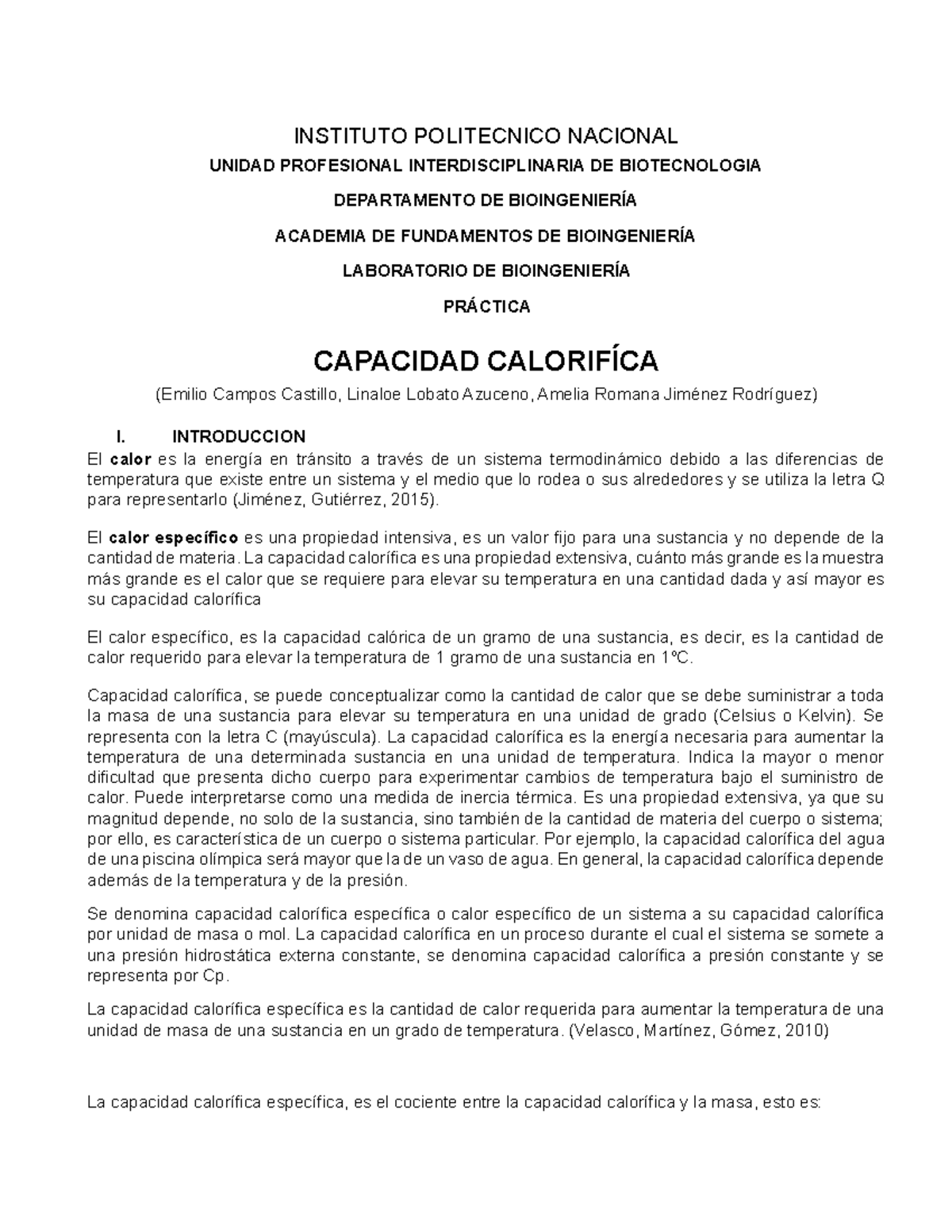 Práctica de Laboratorio: Capacidad Calorífica en Bioingeniería (BIO-101 ...
