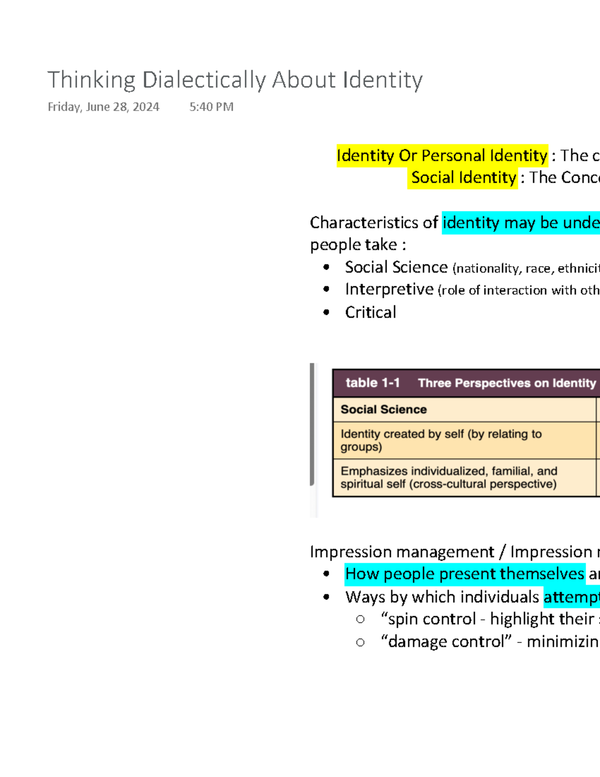 Module 1 Notes: Dialectical Perspectives on Identity - Studocu