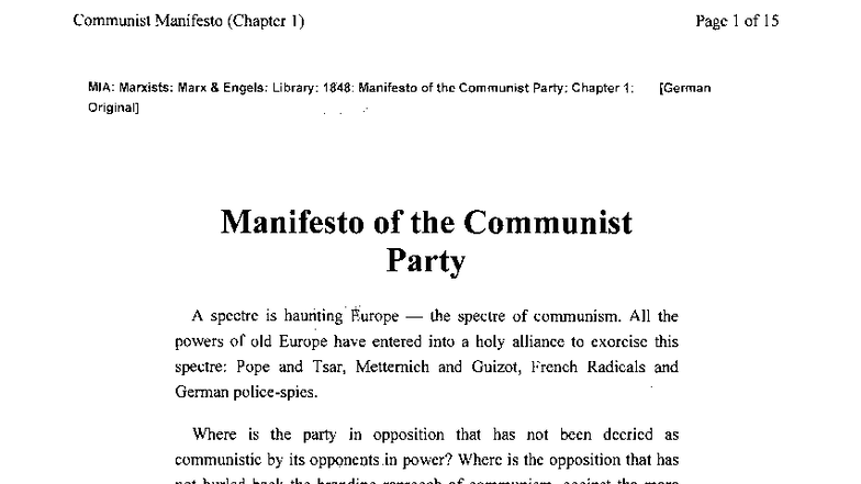 Communist Manifesto Analysis (Chapter 1 Overview) - Studocu