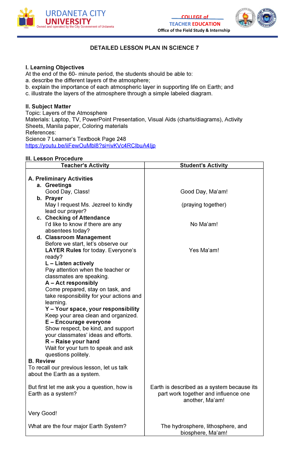 Detailed Lesson Plan in Science 7: Layers of the Atmosphere - Studocu