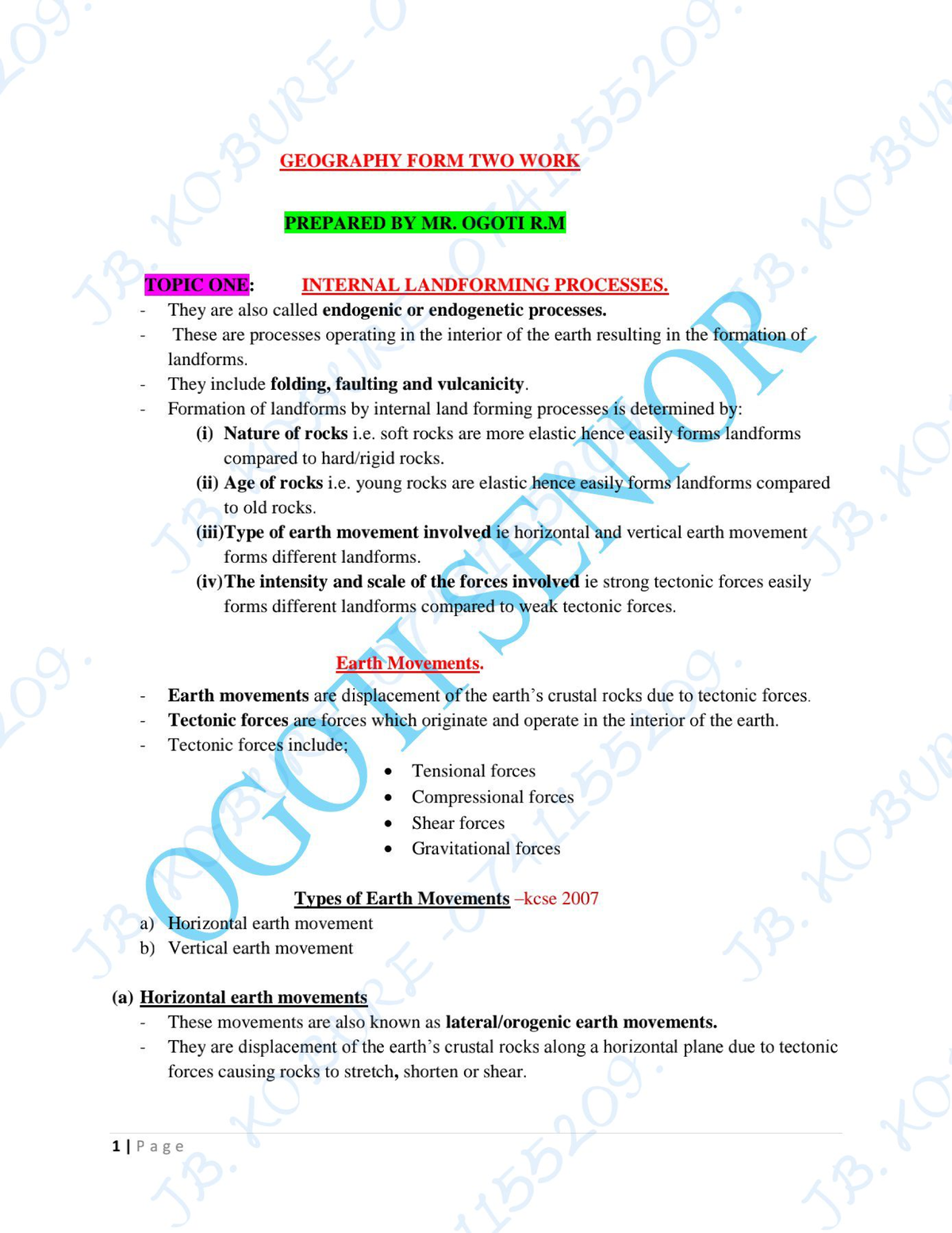 Geography Form 2: Internal Processes and Landform Formation Notes - Studocu