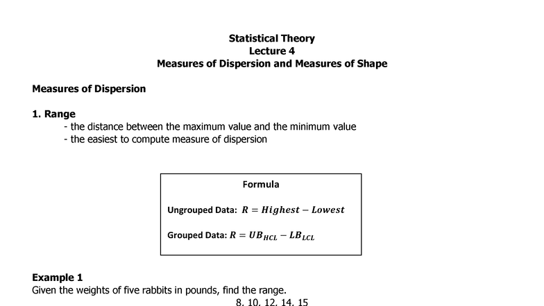 Statistical Theory Lecture 4: Measures of Dispersion & Shape - Studocu