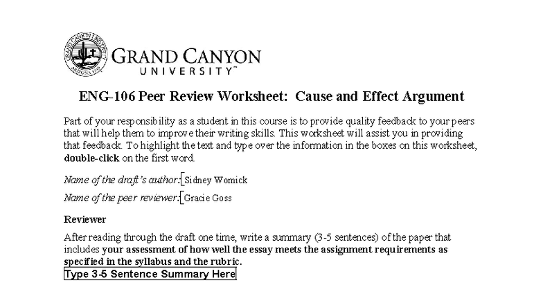 ENG106 Peer Review Worksheet: Cause and Effect Argument Analysis - Studocu