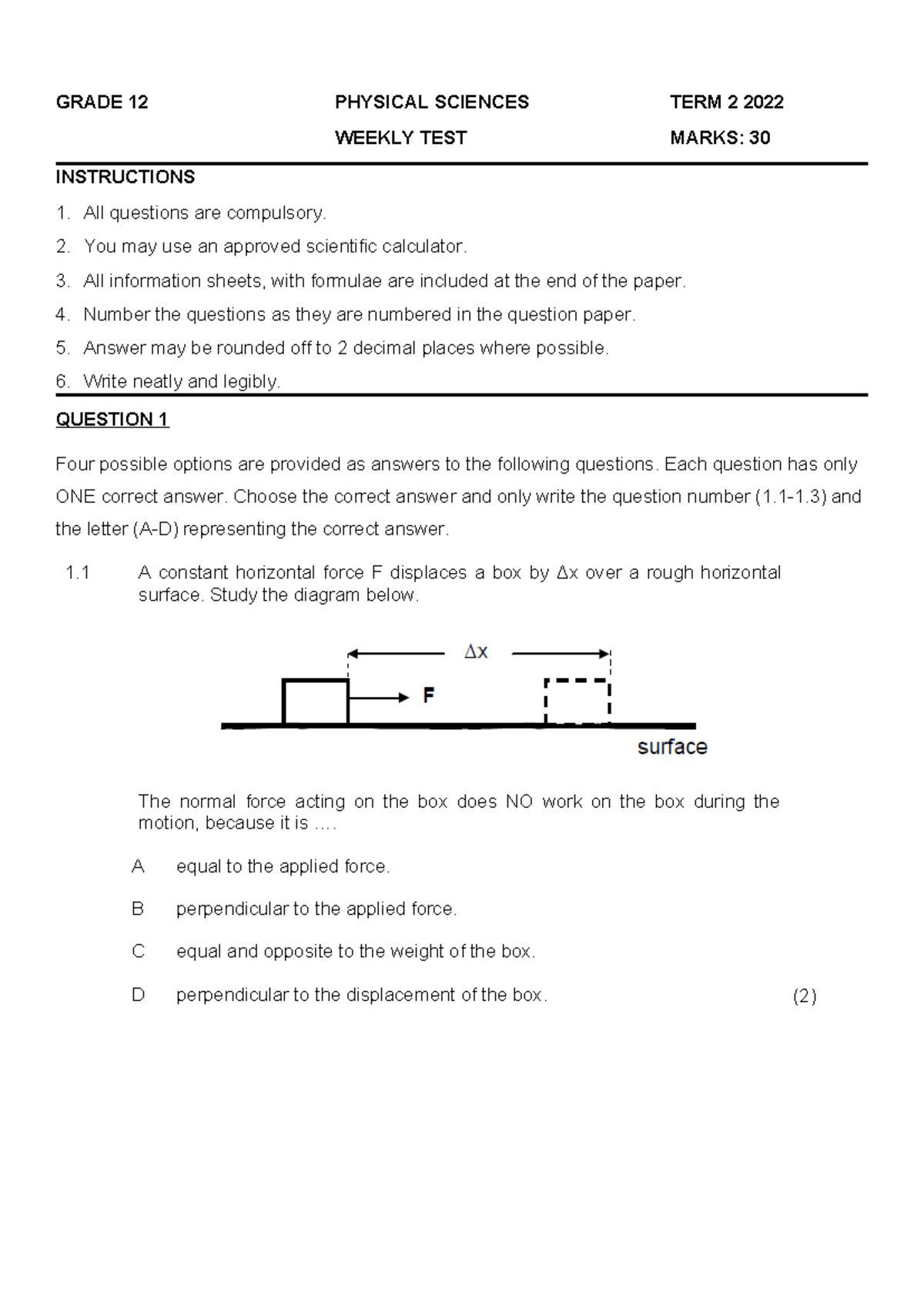 GRADE 12 PHYSICAL SCIENCES TERM 2 2022 WEEKLY TEST ON WORK & ENERGY ...