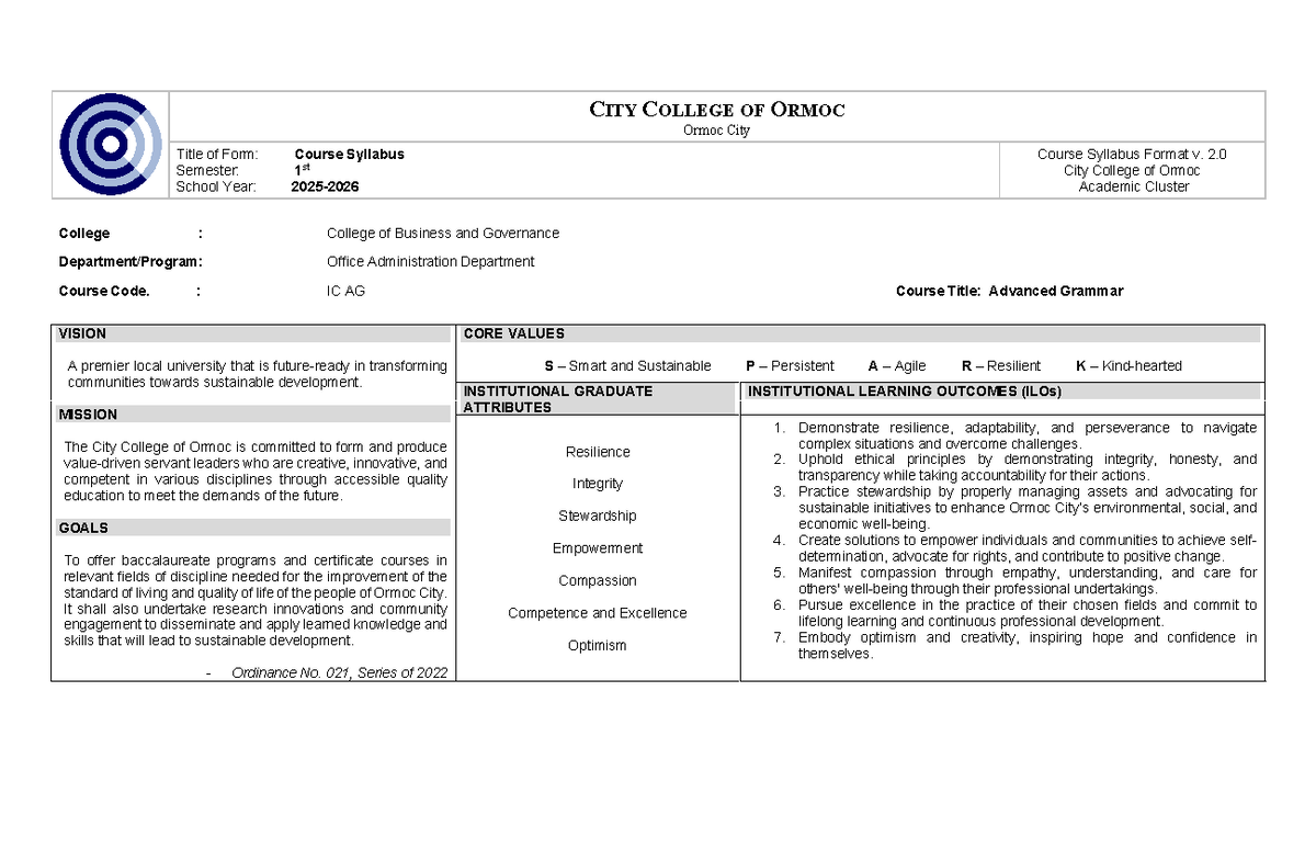 IC AG: Advanced Grammar Course Syllabus and Requirements - Studocu