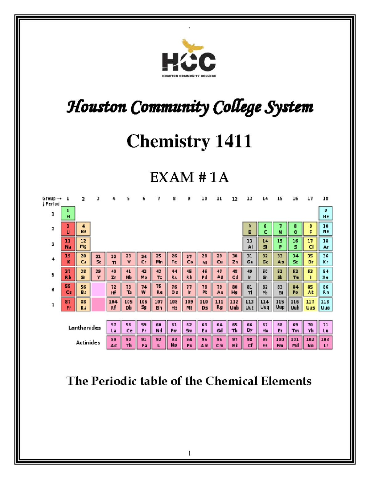 CHEM 1411 Sample Exam 1A & 1B: Periodic Table & Chemical Reactions ...