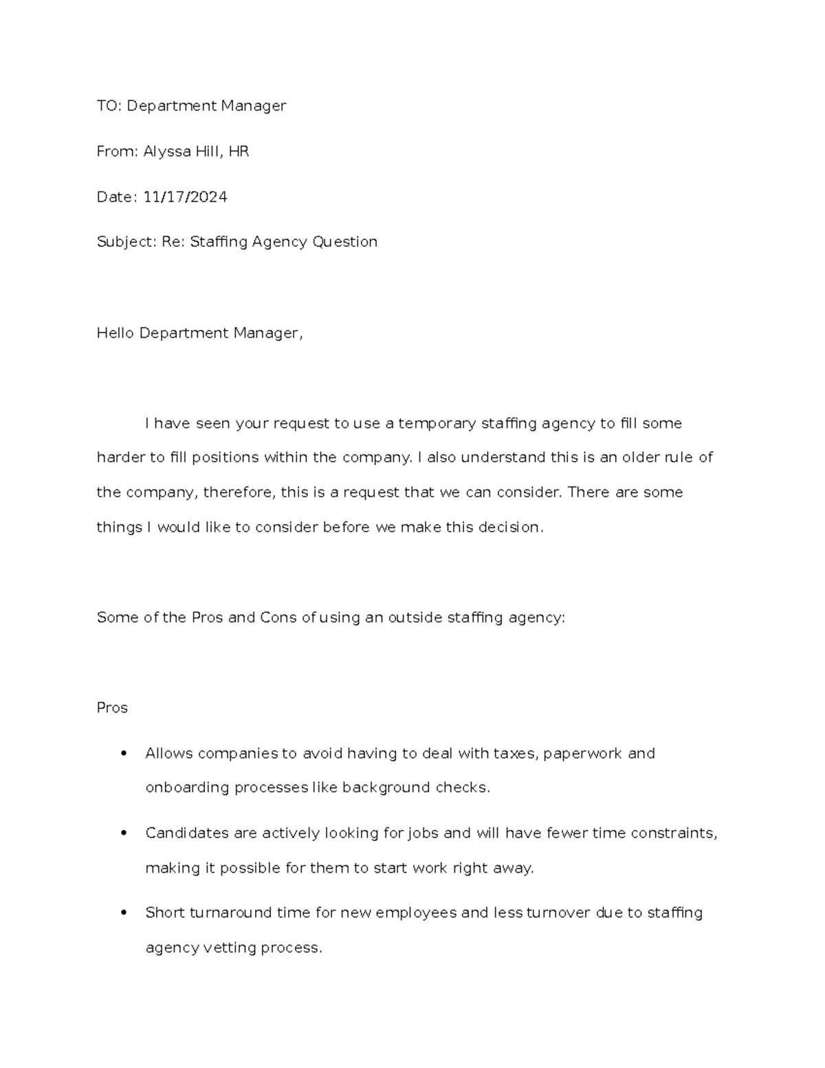 Module 3 HR Inbox - TO: Department Manager From: Alyssa Hill, HR Date ...