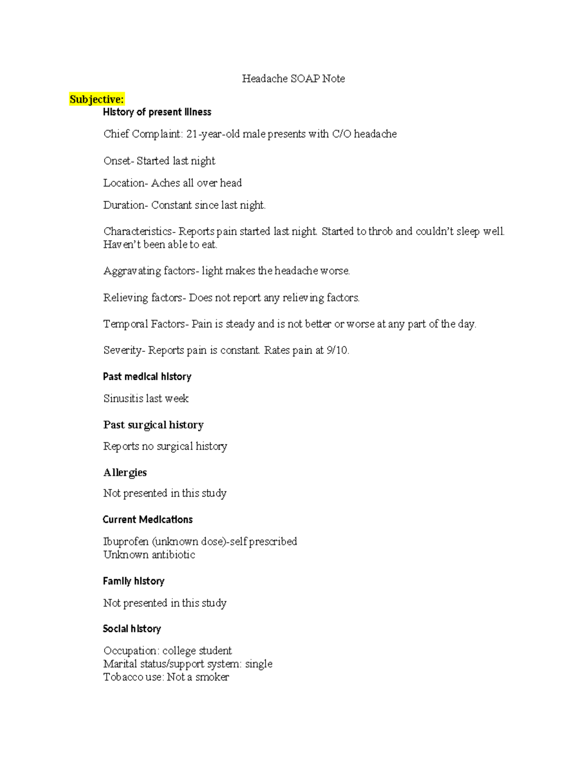 Headache SOAP Note - HPI & Assessment for 21-Year-Old Male Patient ...