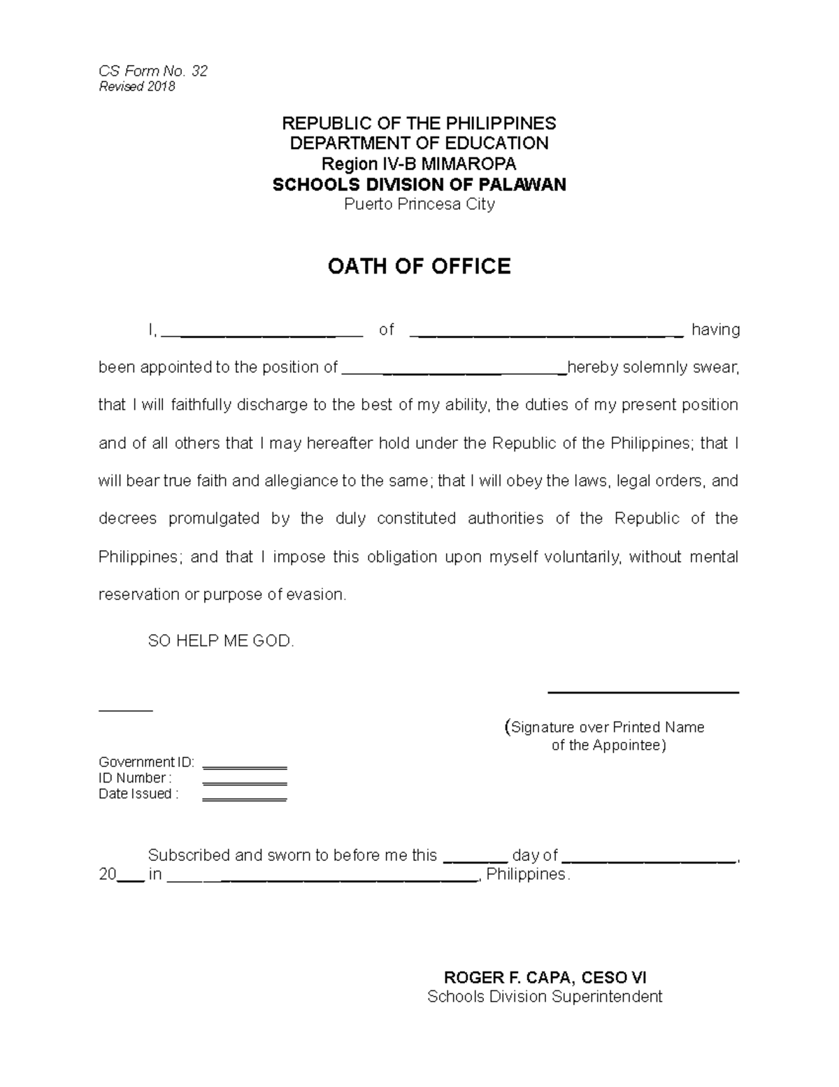 Oath of Office Form CS-32 for Educational Appointees in Palawan - Studocu