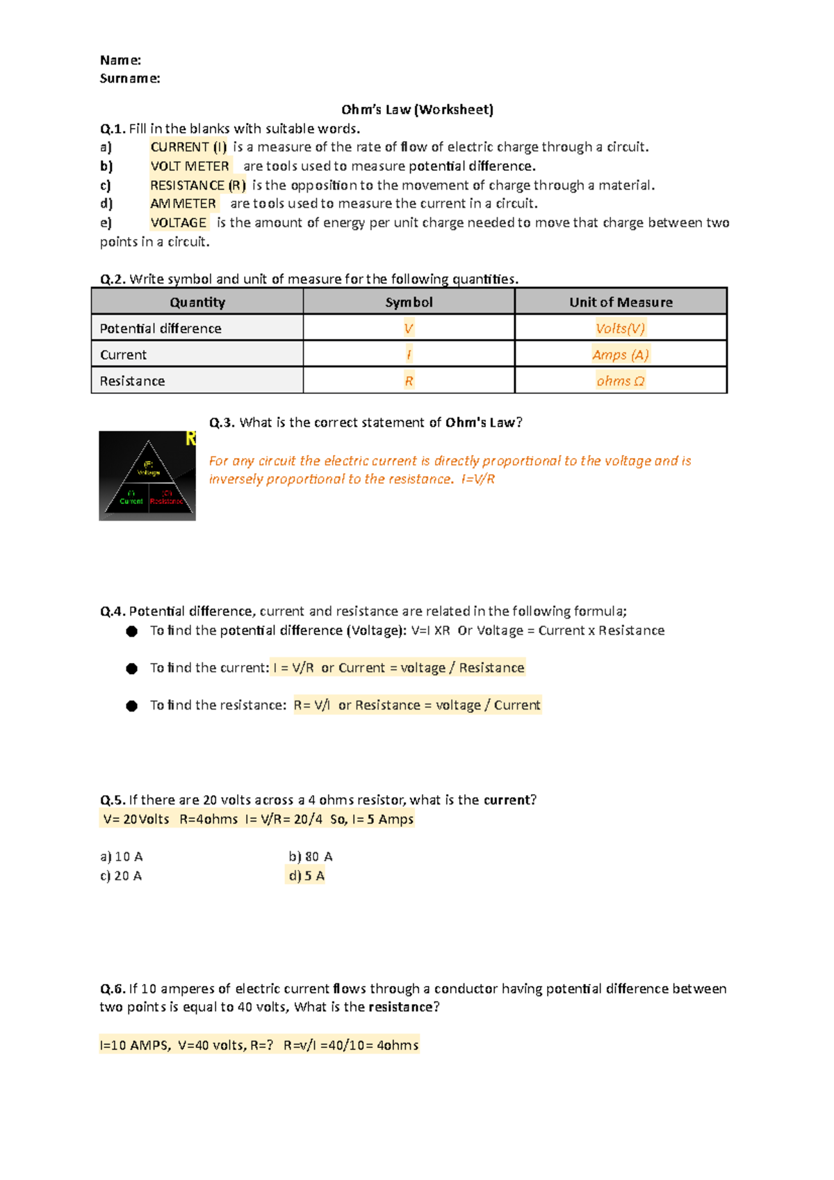 Grade 9 Science: Ohm's Law Worksheet for Understanding Current ...
