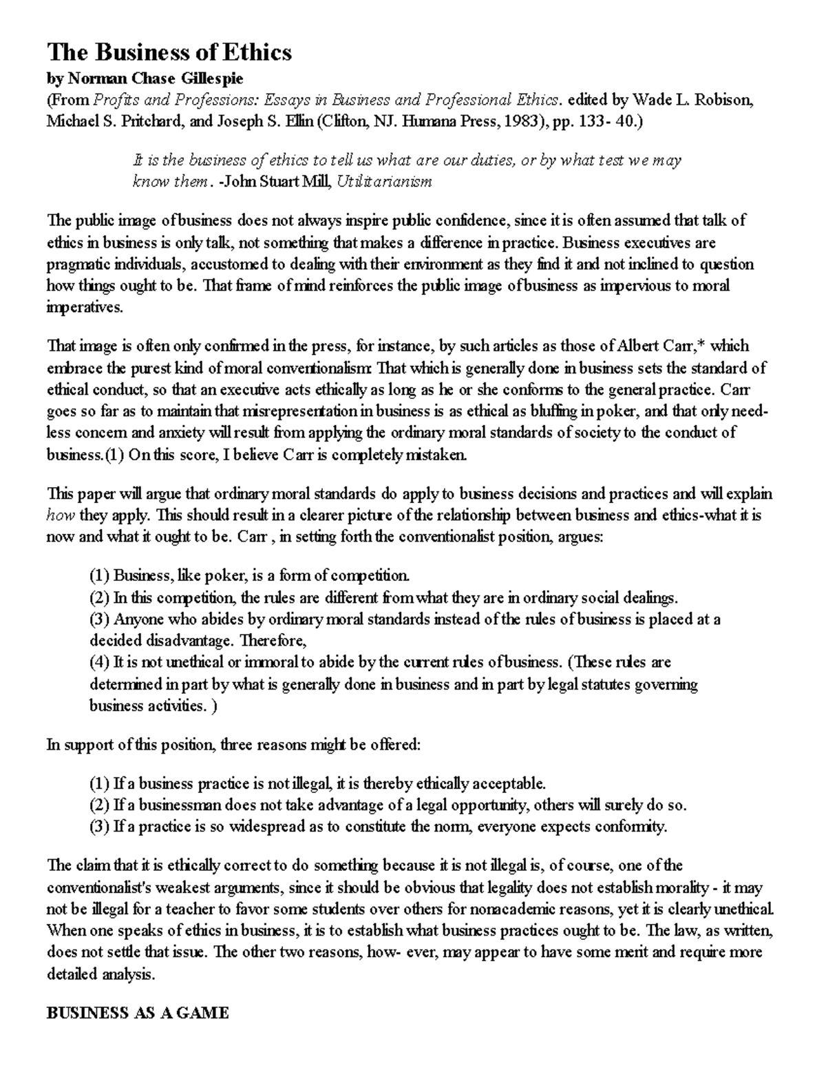 Ch. 14 Gillespie - The Business of Ethics by Norman Chase Gillespie ...