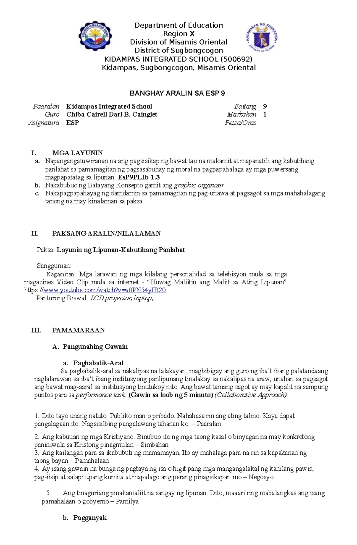 Lesson Plan ESP 9 - Episode 1 - LESSON PLAN IN ESP 9 1 st Quarter – Week 1 September 8 – 9, 2022 ...