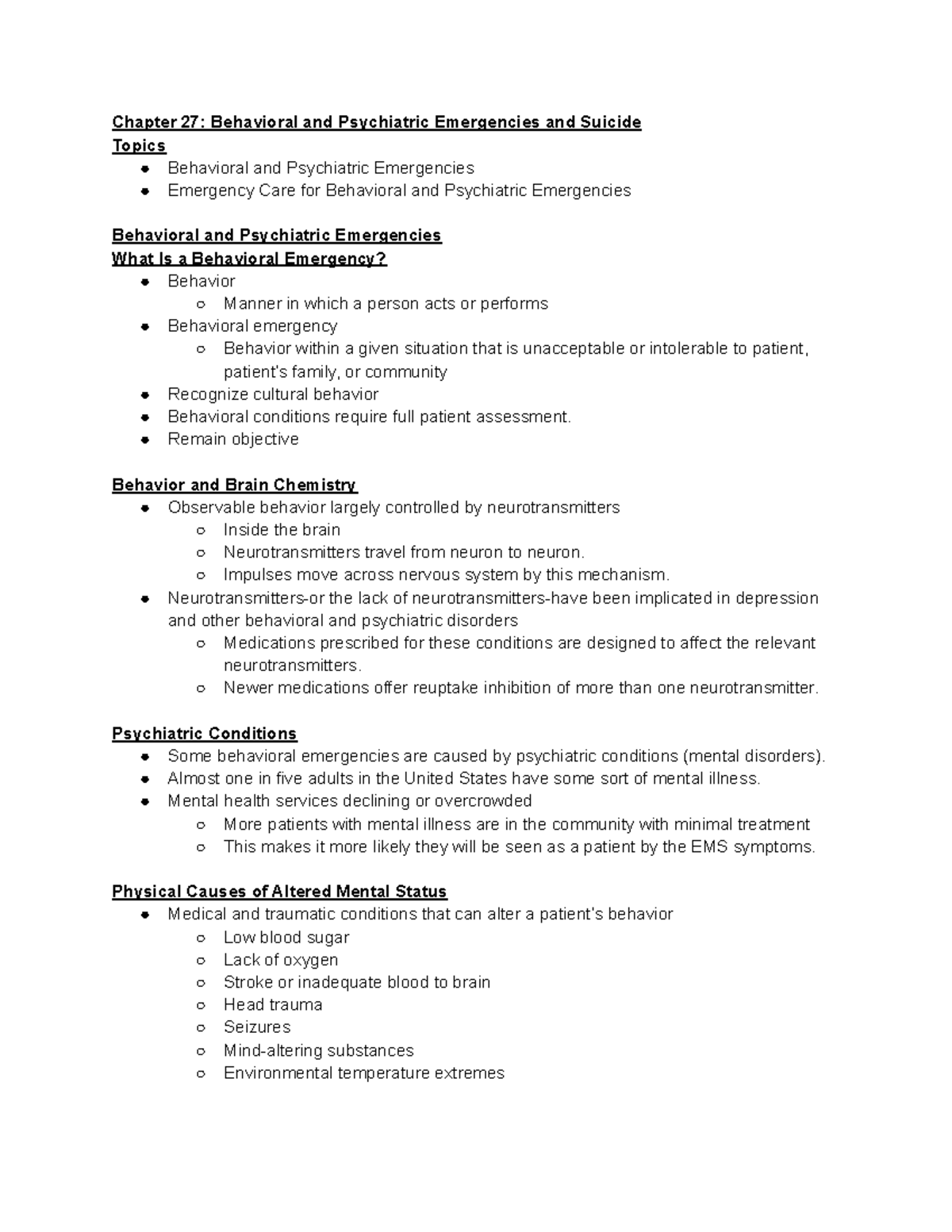 Chapter 27: Behavioral & Psychiatric Emergencies Overview - Studocu