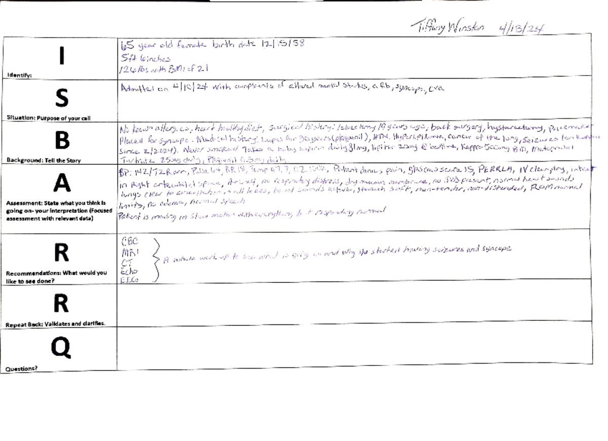 SBAR Analysis - Patient Case Review April 13, 2024 - Studocu