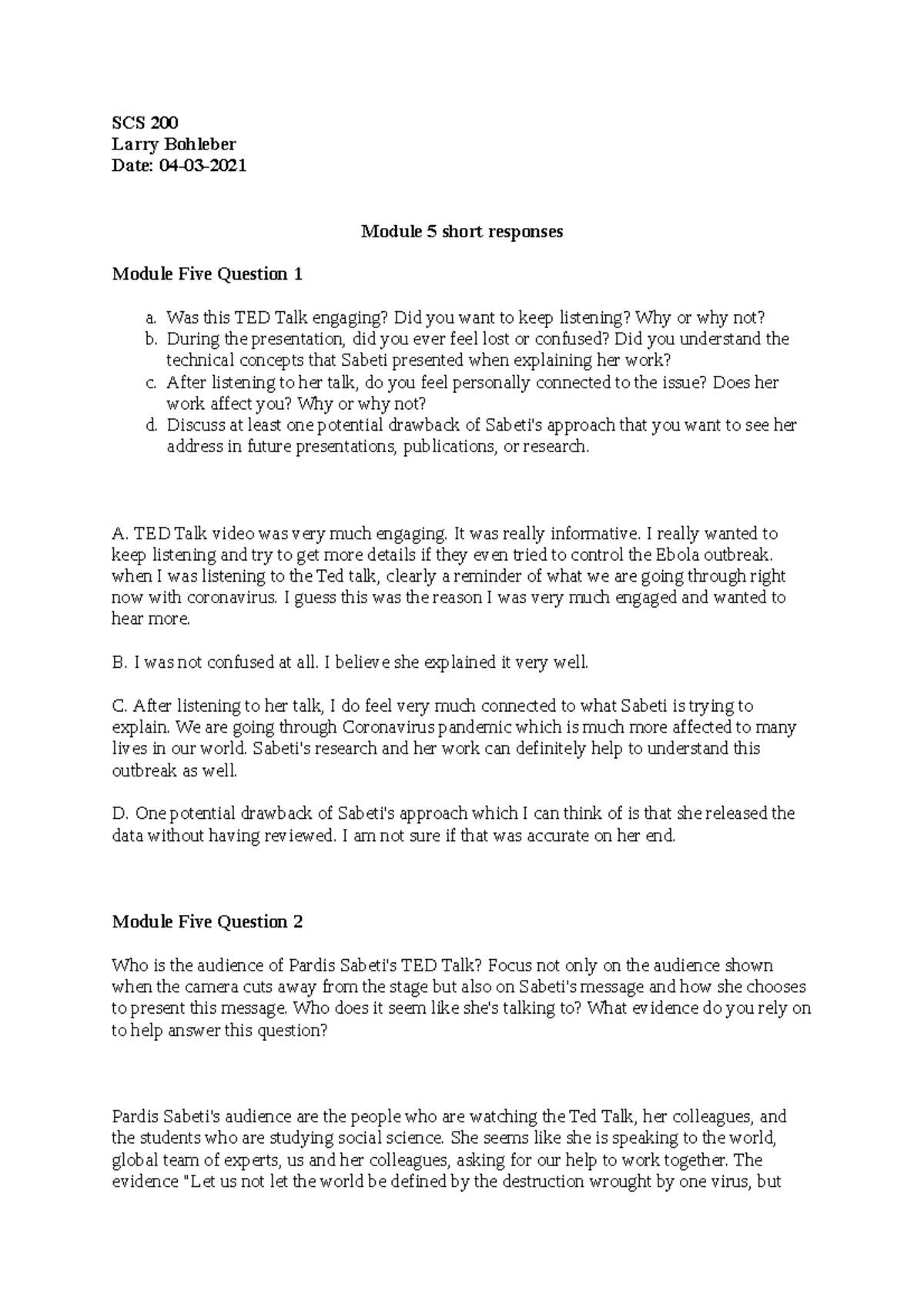 SCS200 - Module 5 Short Response Analysis on TED Talk by Sabeti - Studocu