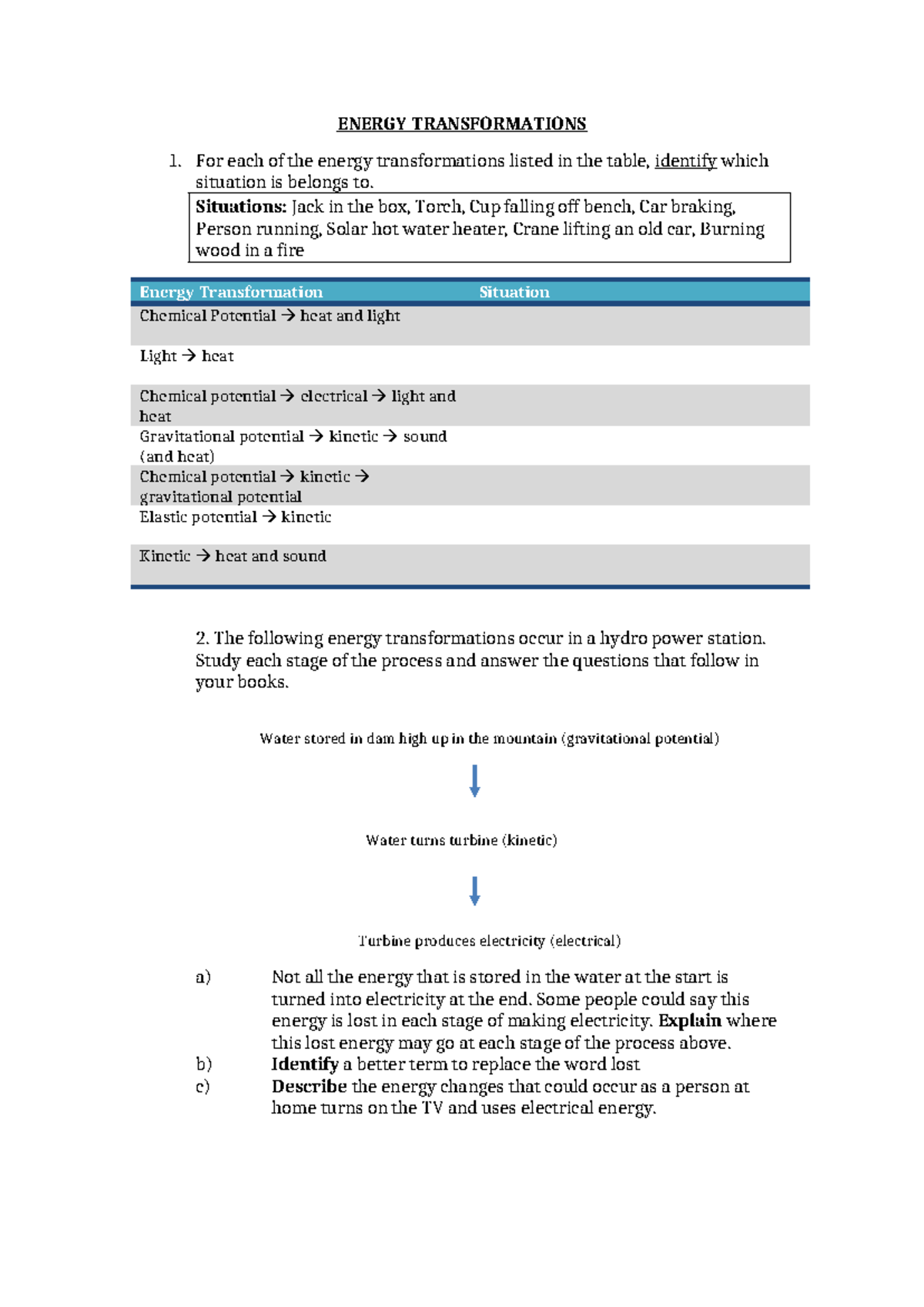 Energy Transformations Worksheet (Course Code: 2) - Studocu