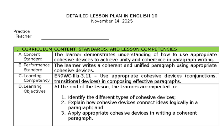 DETAILED LESSON PLAN IN ENGLISH 10: COHESIVE DEVICES - Studocu
