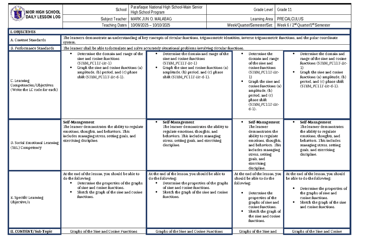 WEEK 6 LESSON LOG: PRECALCULUS (GRADE 11) - CIRCULAR FUNCTIONS - Studocu