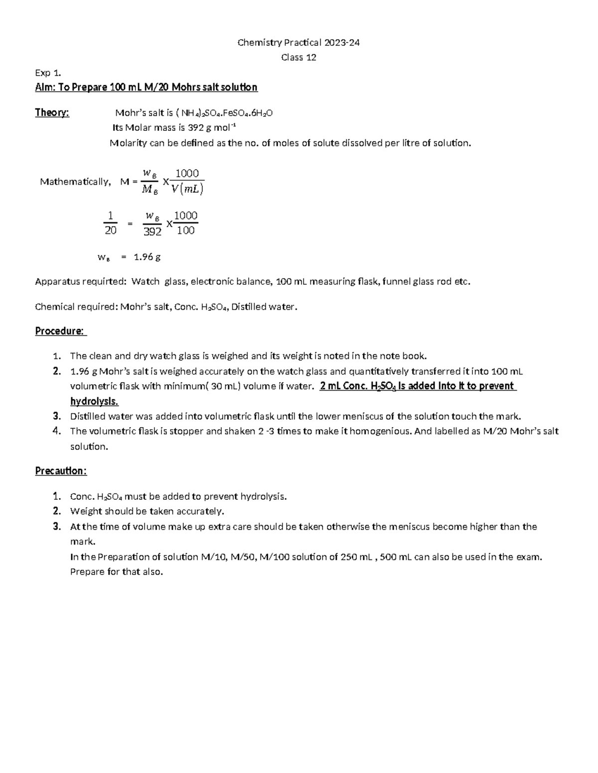 Chemistry Practical Notes 2023 XII - M/20 Preparations & Experiments ...