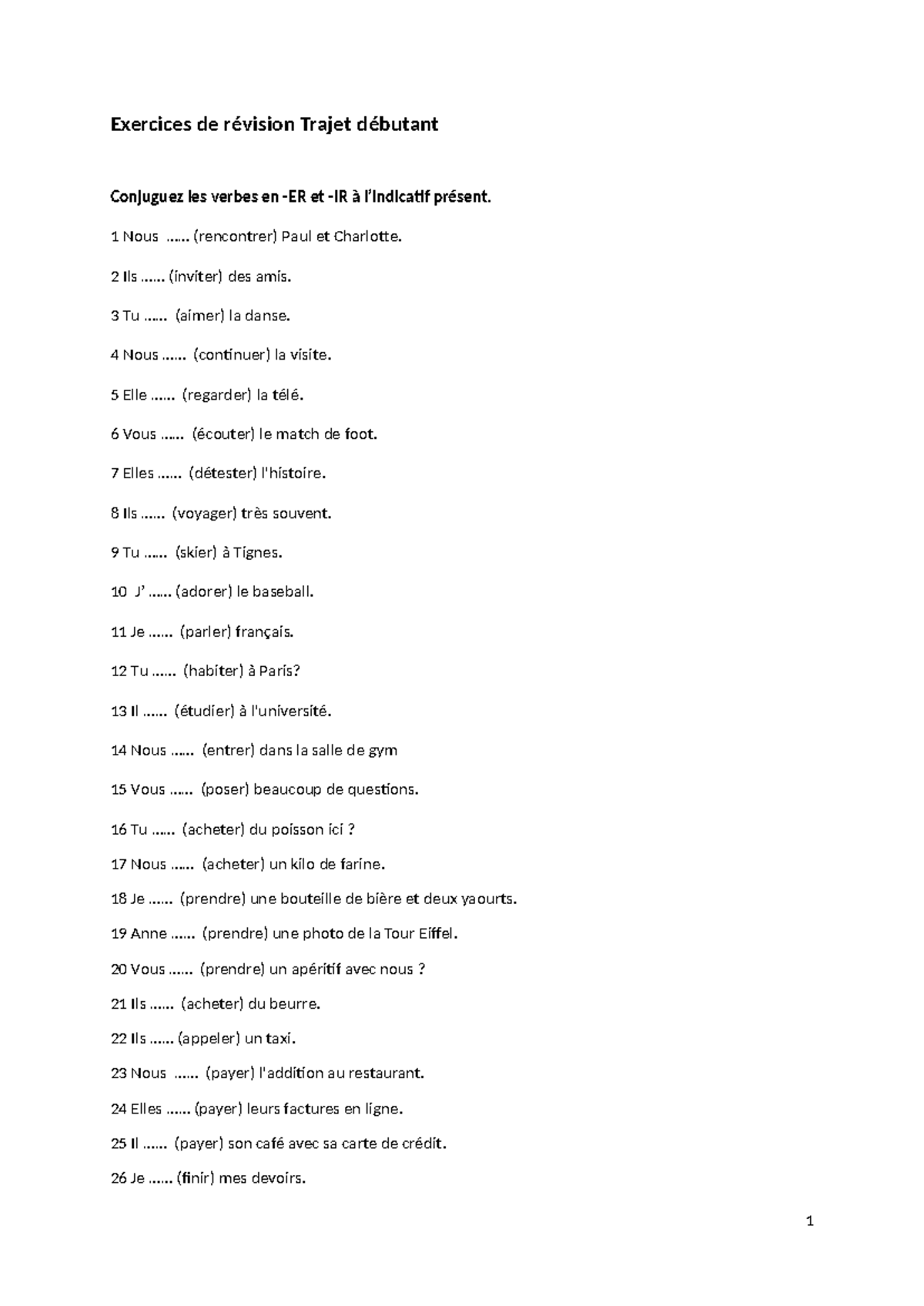 Exercices de révision: Conjugaison des verbes en français - Studocu