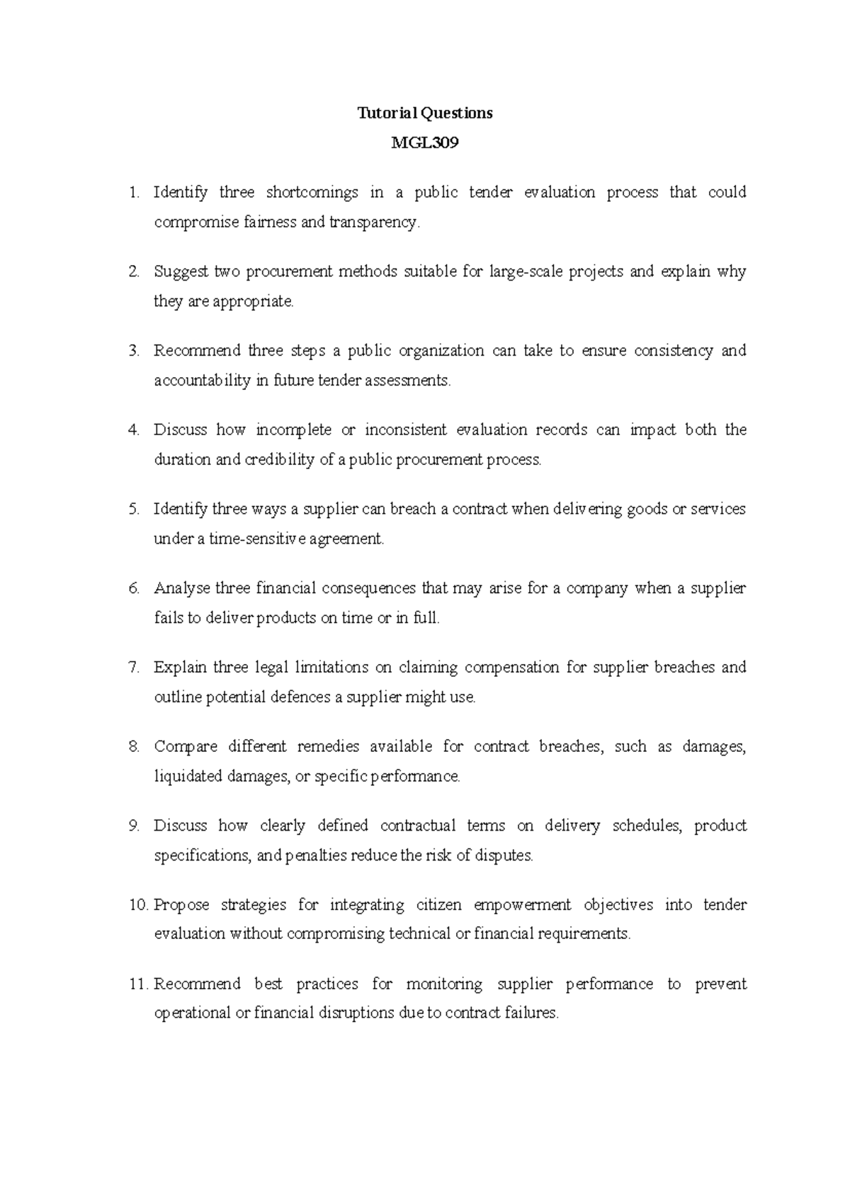 MGL309 Tutorial Questions on Public Tender Evaluation and Procurement ...