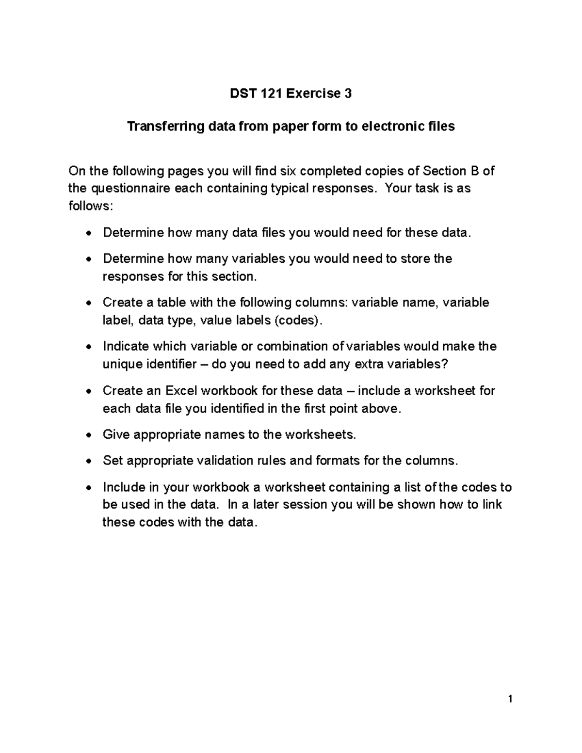 DST 121 Exercise 3: Data Transfer from Paper to Electronic Files - Studocu