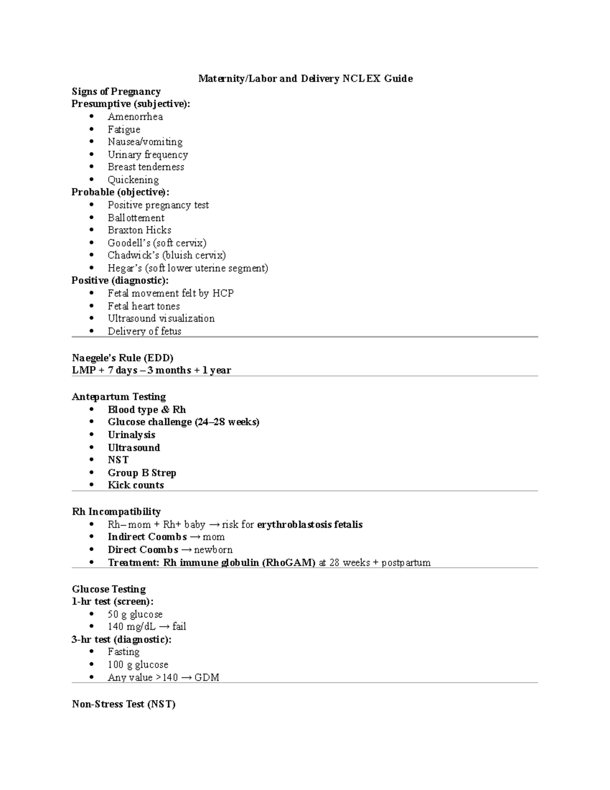 Maternity L+D NCLEX Guide: Signs of Pregnancy & Complications - Studocu