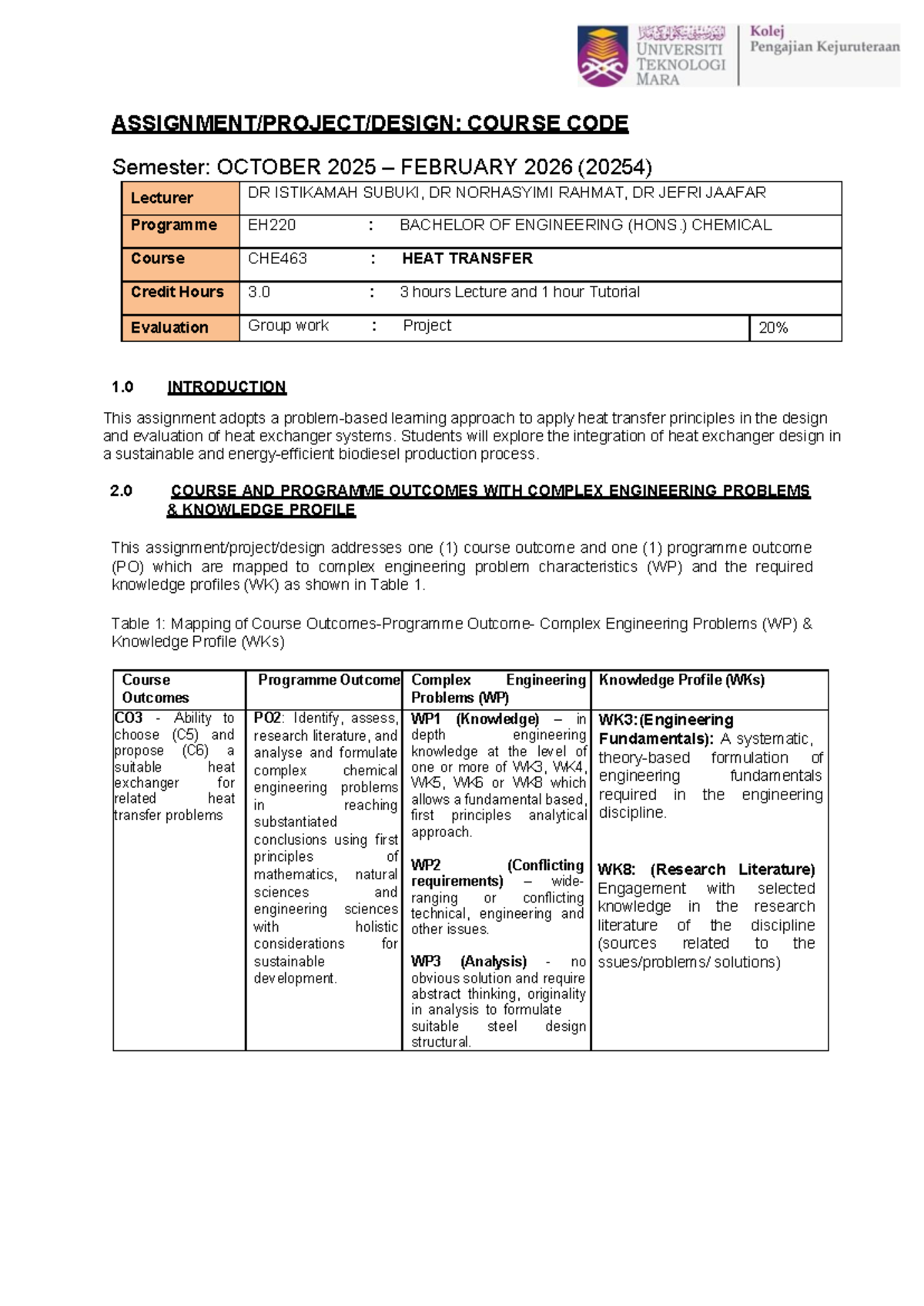 CHE463 Assignment 2: Heat Exchanger Design for Biodiesel Production ...